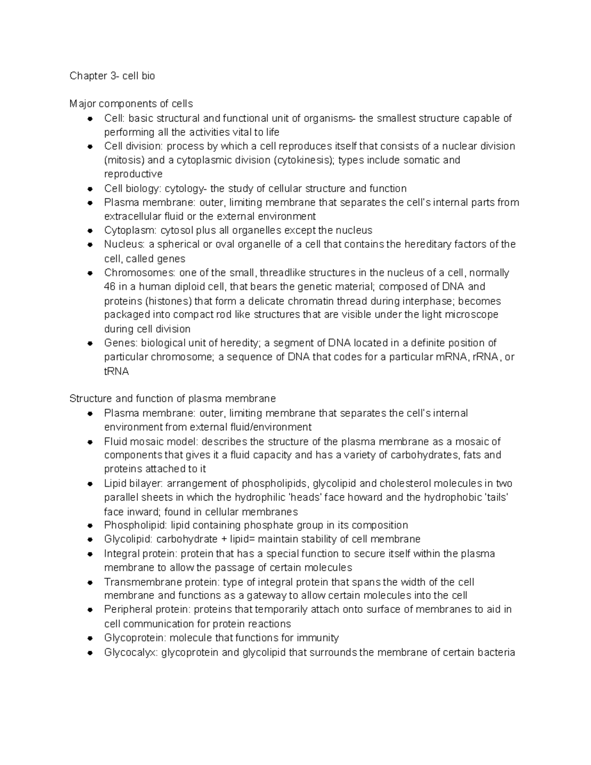 Chapter 3- cell bio - ch 3 - Chapter 3- cell bio Major components of ...