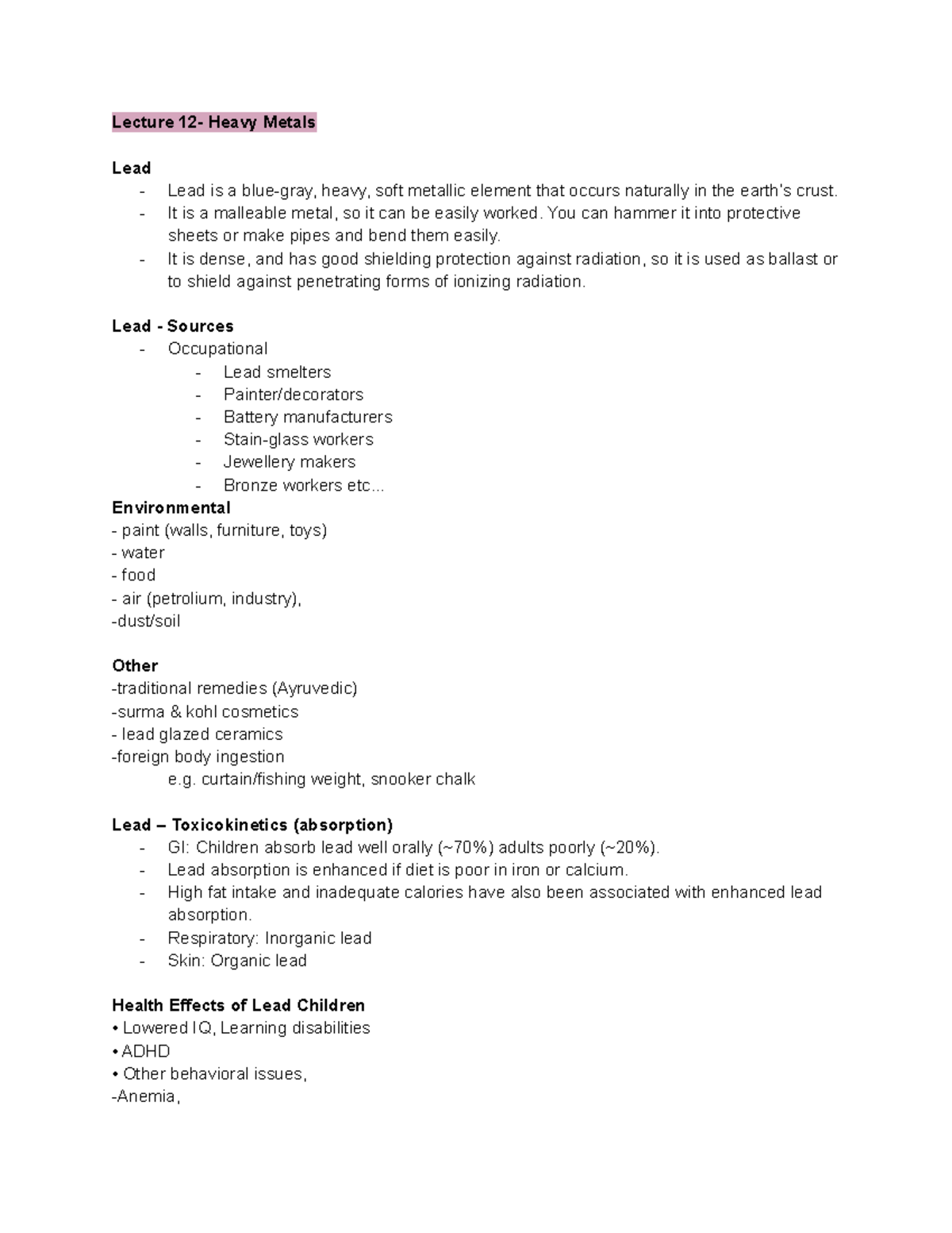 Lecture 12- Heavy Metals - Lecture 12- Heavy Metals Lead - Lead is a ...
