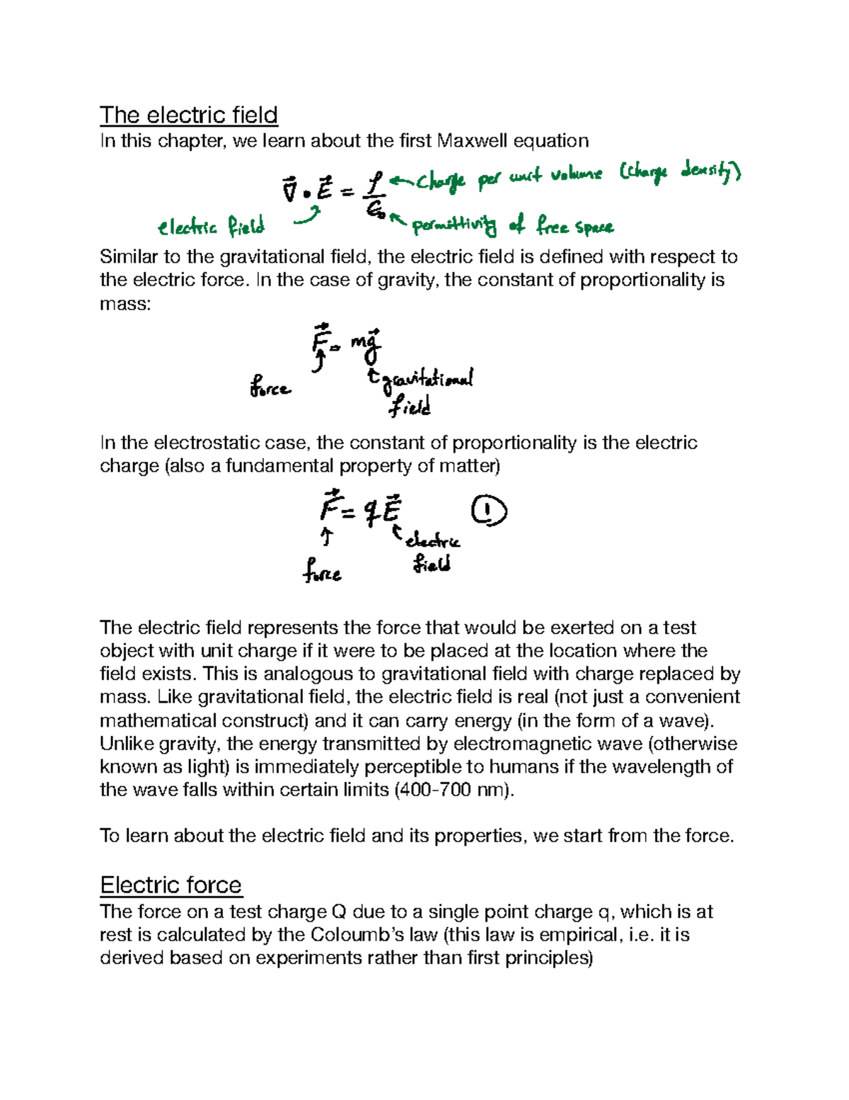 Chapter 2, Part 1 - The electric field - The electric field In this ...