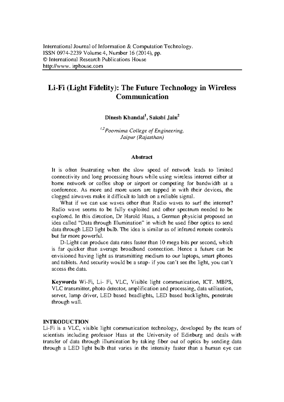 Li-Fi Technology - important and useful - International Journal of ...