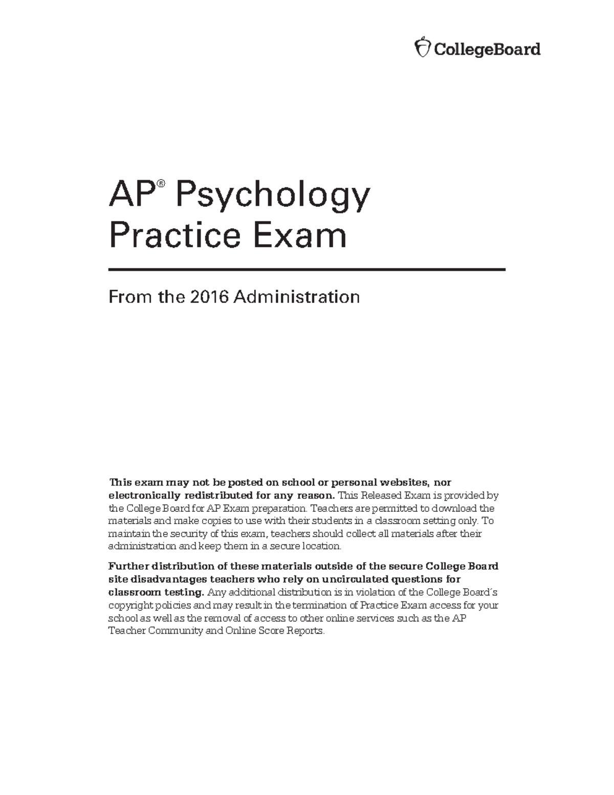 2016 AP Psychology Practice Exam MCQ Multiple Choice Questions with ...