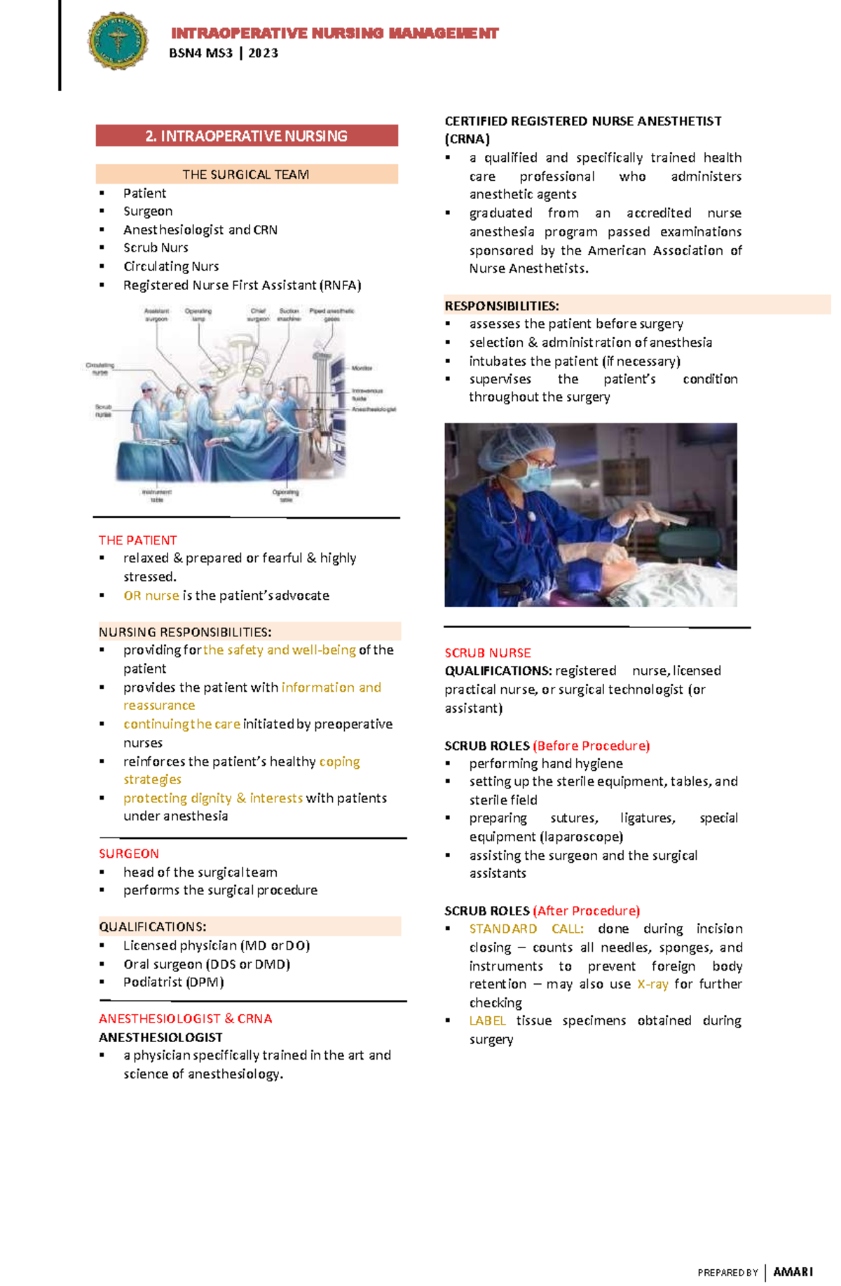 Intraoperative- Nursing amari - INTRAOPERATIVE NURSING MANAGEMENT ...