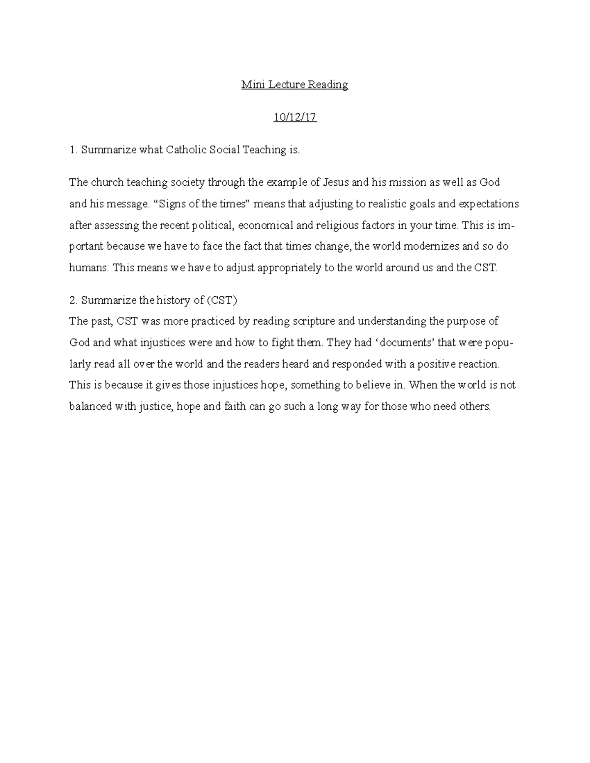 Catholic Lecture Reading - Mini Lecture Reading 10/12/17 1. Summarize ...