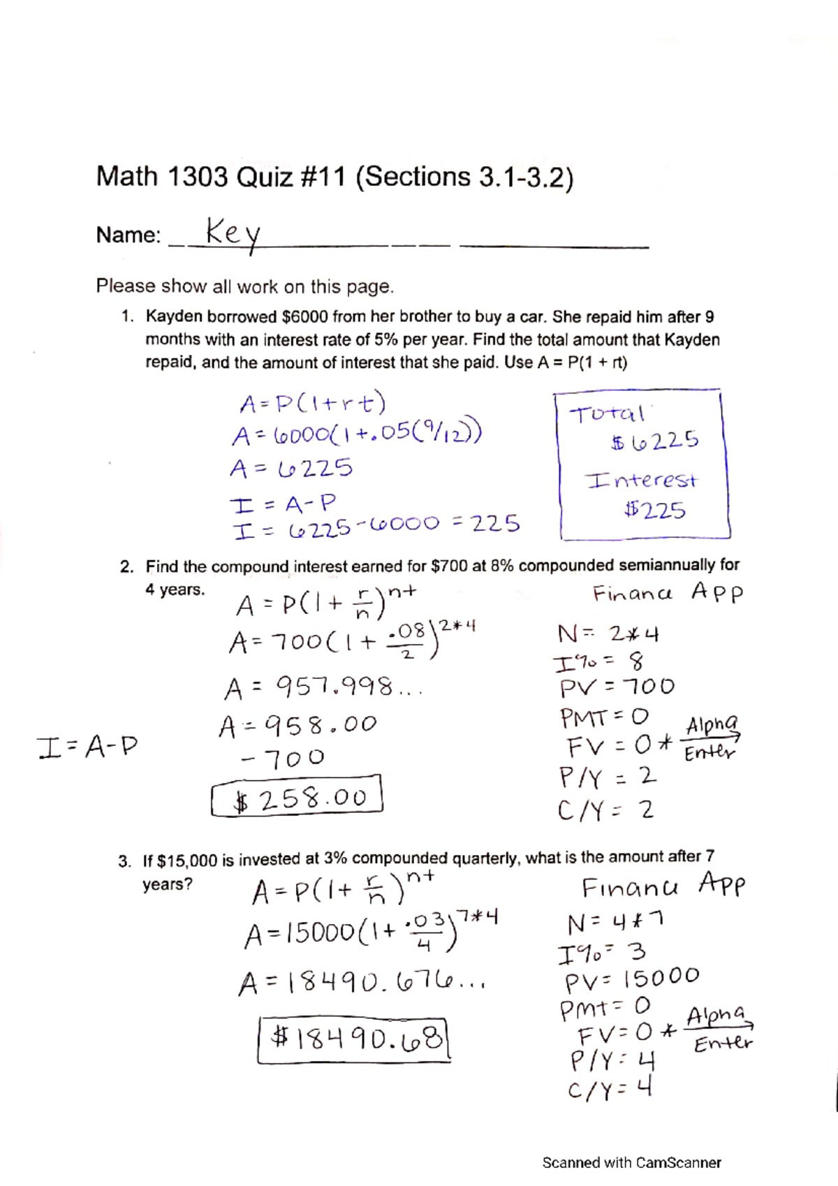 03Q11 Key - Precalculus for Business lesson 11 Quiz Key - Math 1303 ...