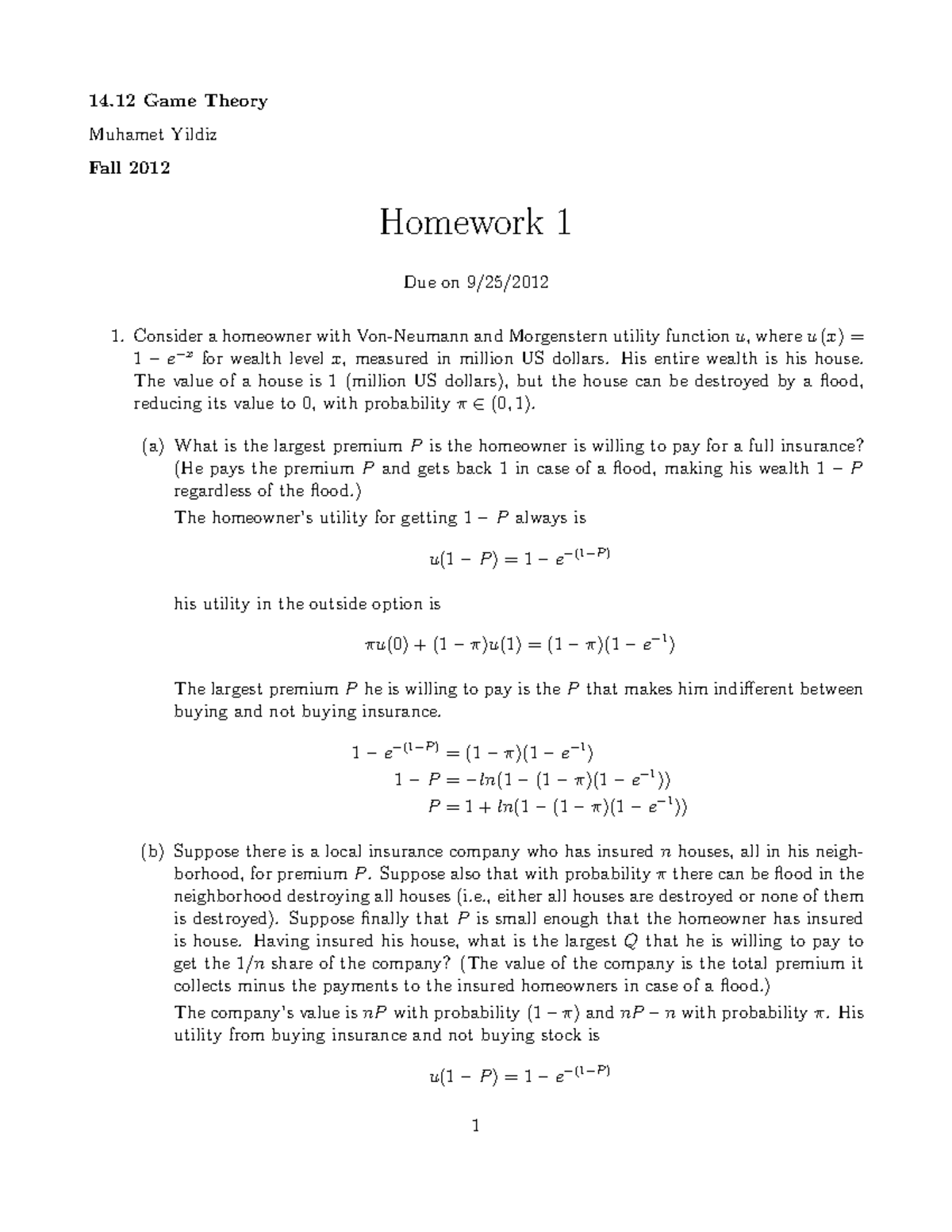 Seminar assignments - Problem set 1 with solutions - 14 Game Theory ...