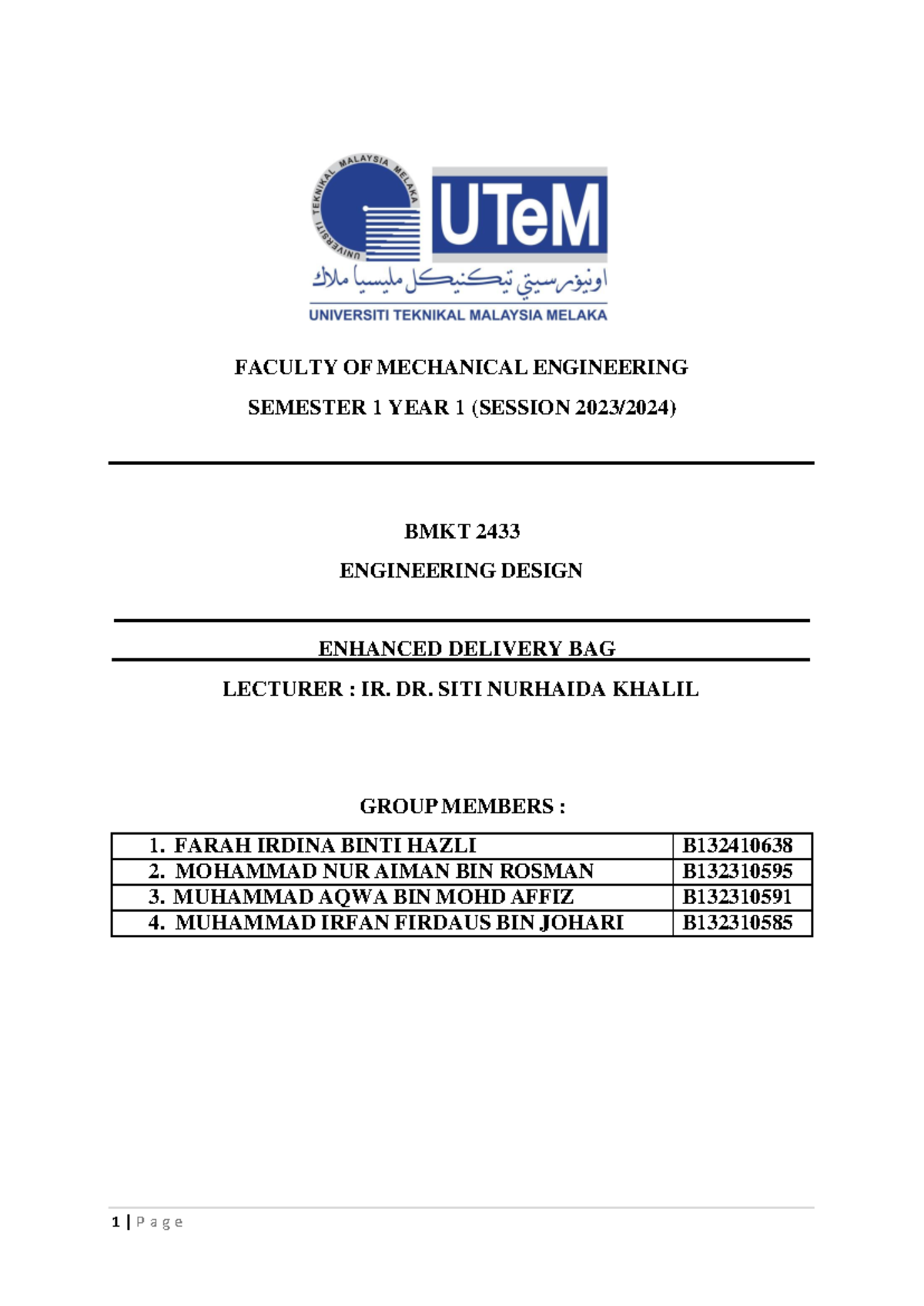 Assignment 2 - Yolo - FACULTY OF MECHANICAL ENGINEERING SEMESTER 1 YEAR 1 (SESSION 2023/2024 ...