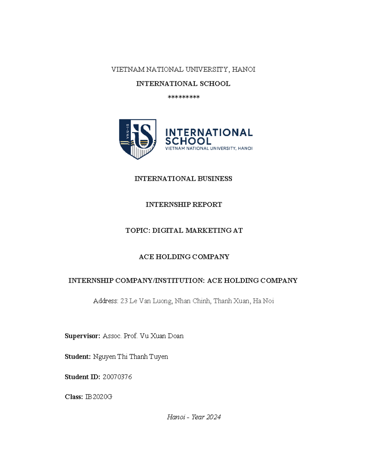 Internship Report - VIETNAM NATIONAL UNIVERSITY, HANOI INTERNATIONAL SCHOOL ...