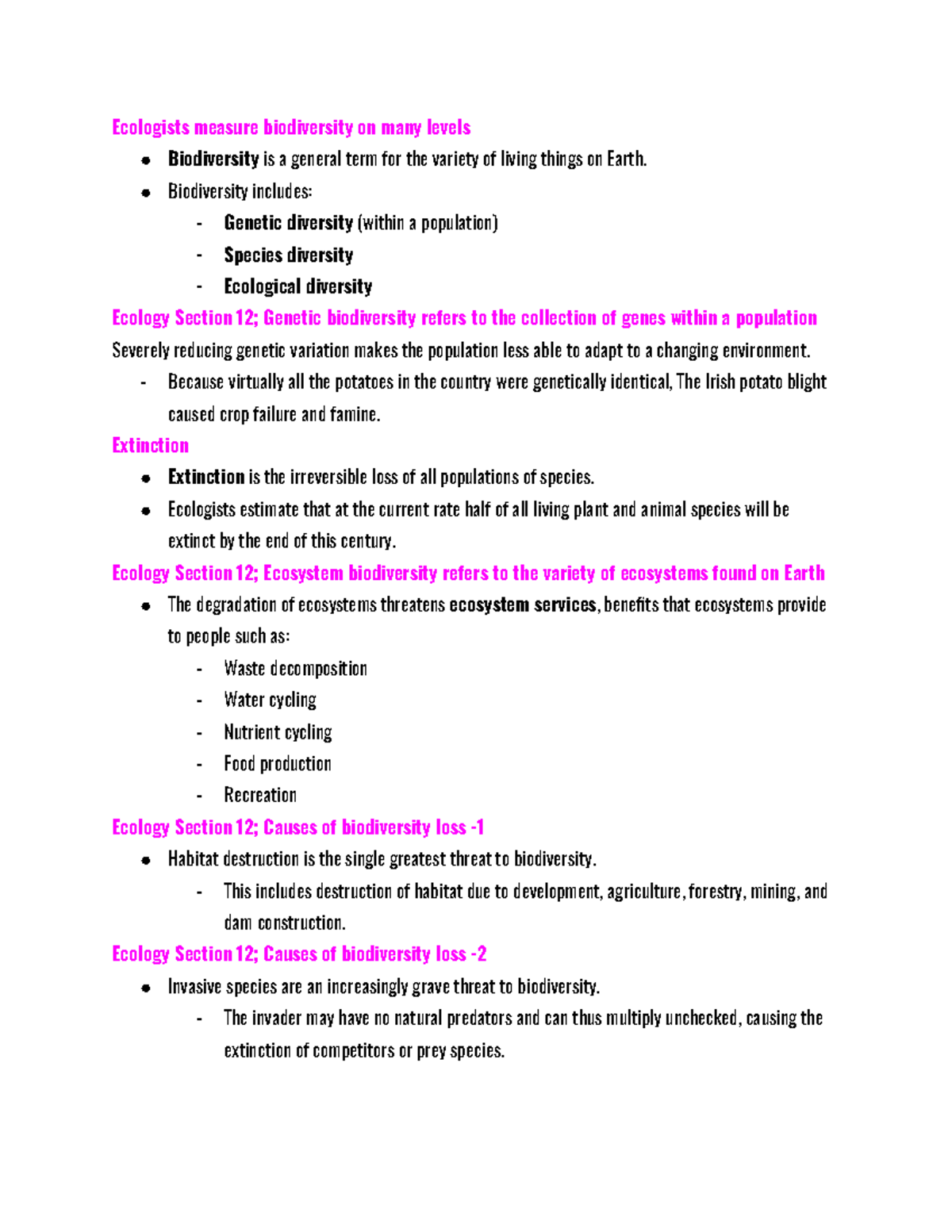 Ecology 12 - chapter 12 notes - Ecologists measure biodiversity on many ...