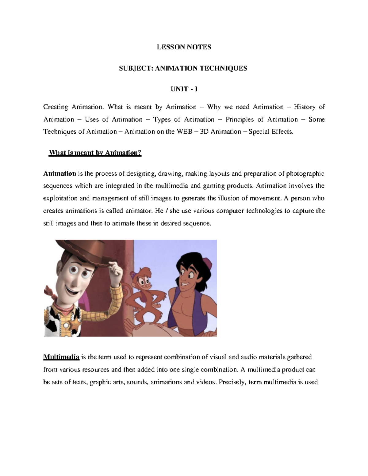 Animation notes - LESSON NOTES SUBJECT: ANIMATION TECHNIQUES UNIT - I ...