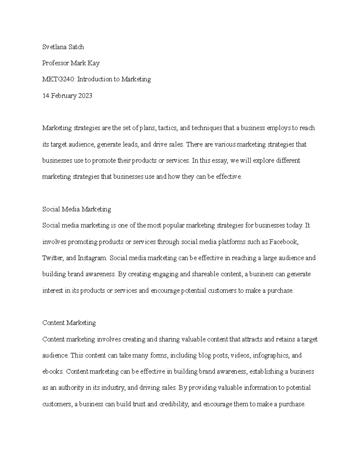 Marketing Strategies - Professor Mark Kay - Svetlana Satch Professor ...