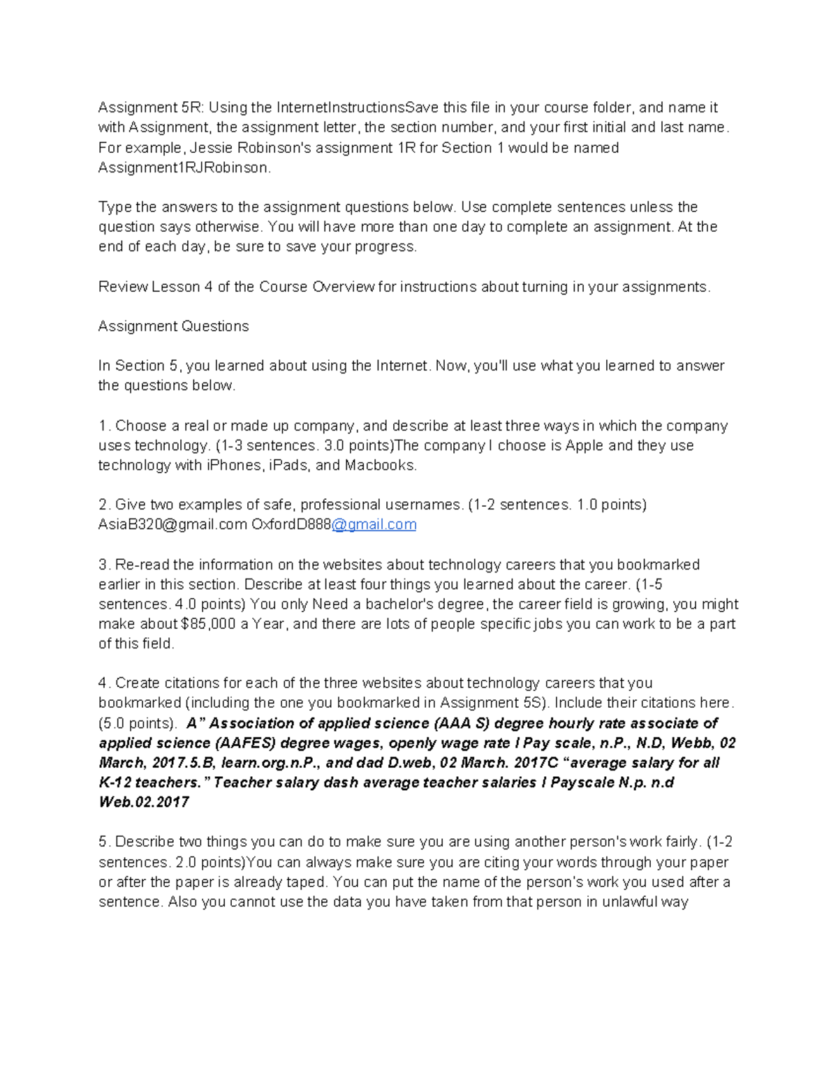 Assignment 5R - you can use these notes to help out with the work ...