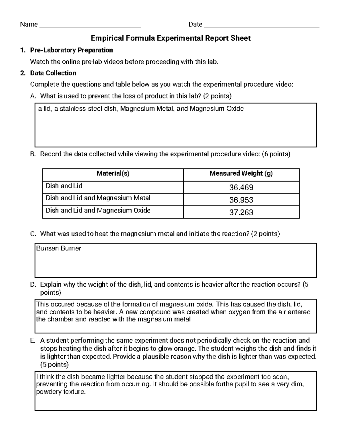 Empirical+Formula+Lab - Name Date Empirical Formula Experimental Report Sheet Pre-Laboratory ...