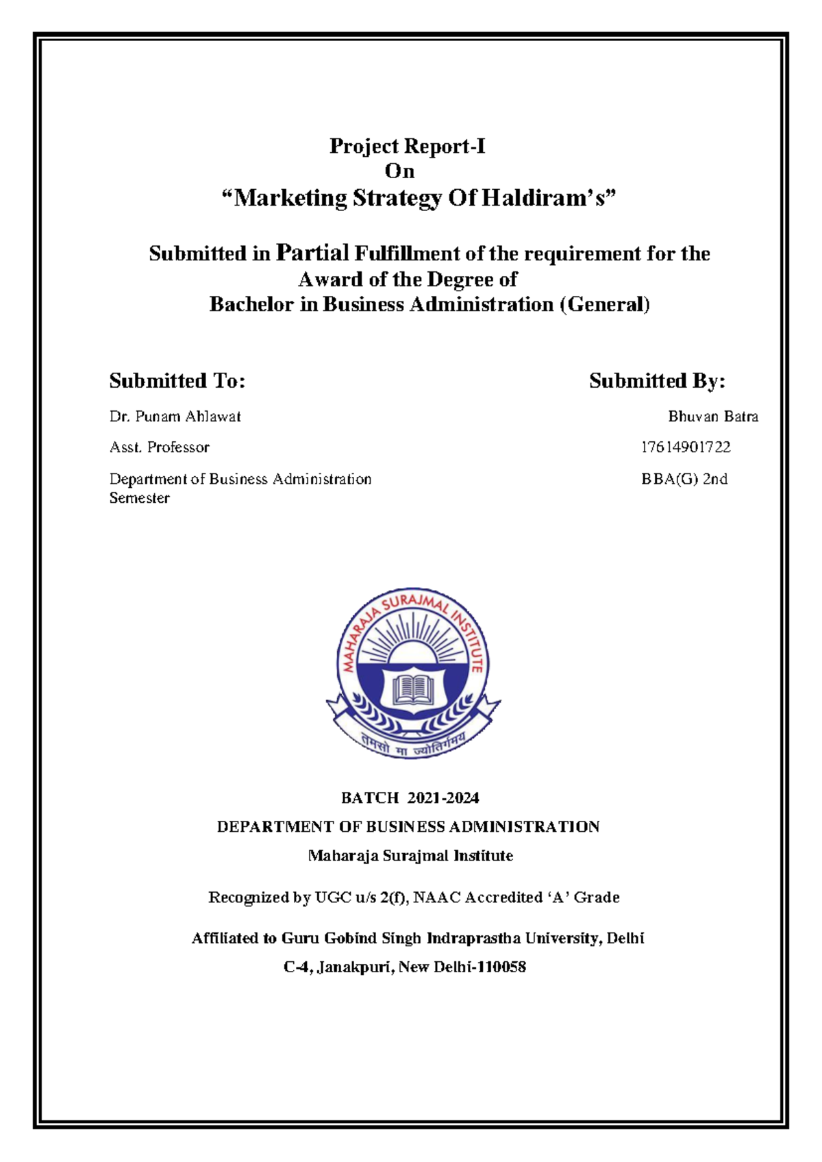 Bhuvan MPR Project Report 1-1 - Project Report-I On “Marketing Strategy ...