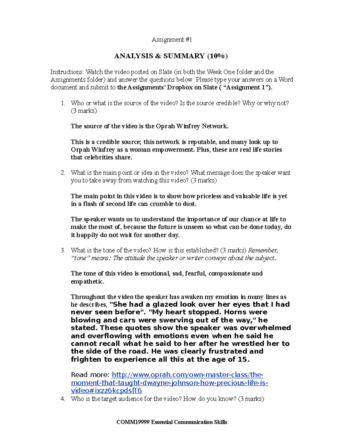 Summary Assignment - COMM99 - Assignment # ANALYSIS & SUMMARY (10% ...