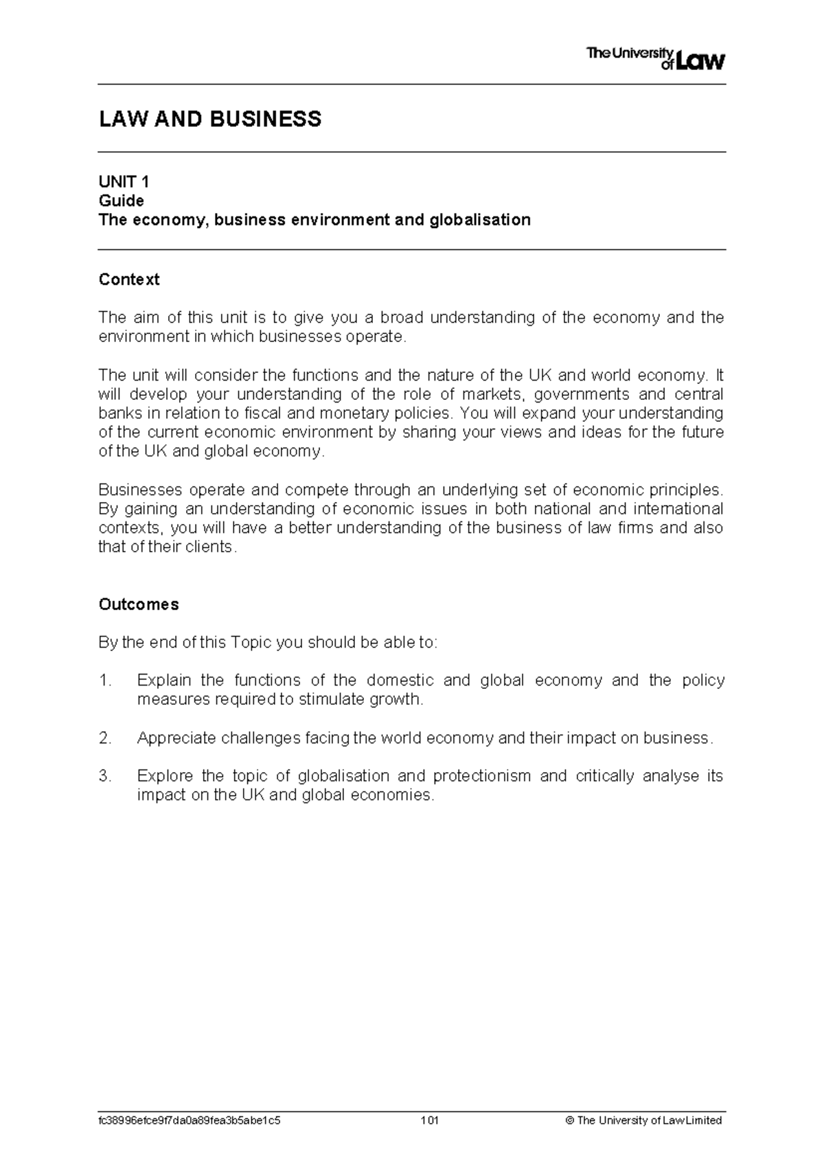 W1 Guide - Notes - LAW AND BUSINESS UNIT 1 Guide The economy, business ...