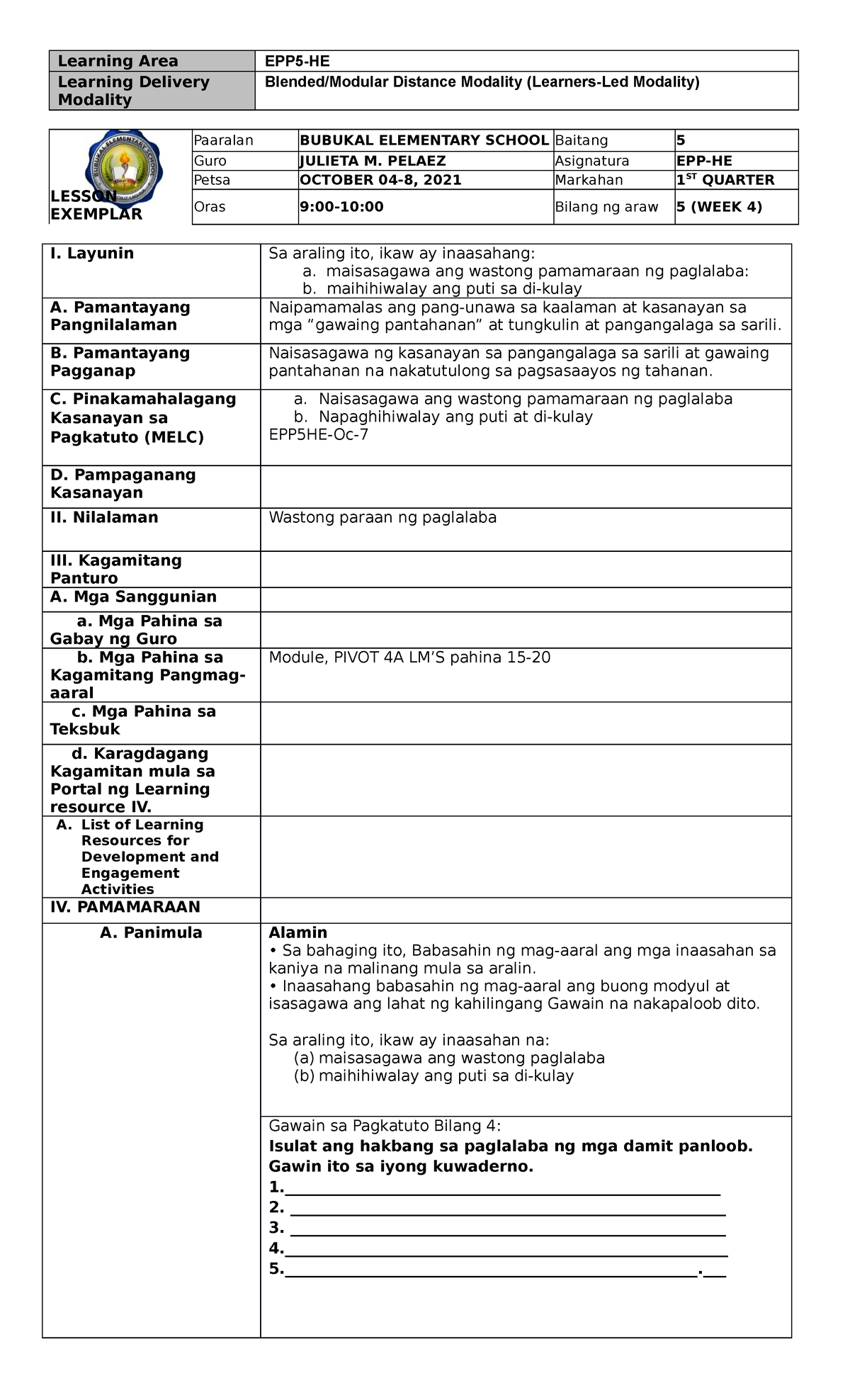EPP5-HE Q1 WEEK 4 Lesson Exemplar - Learning Area EPP5-HE Learning ...