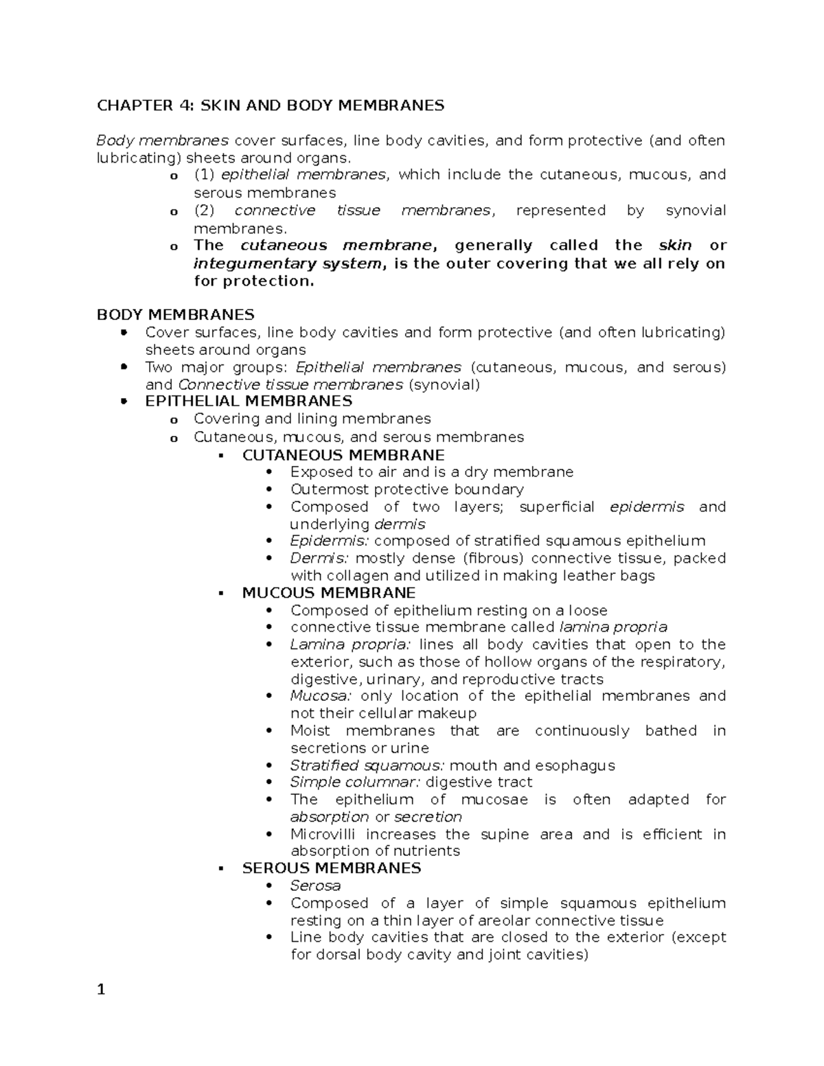 Chapter 4 - Anaphy - CHAPTER 4: SKIN AND BODY MEMBRANES Body membranes ...