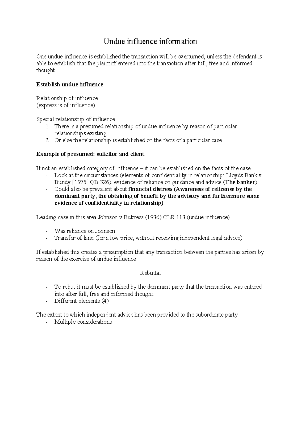 Undue influence information - Establish undue influence Relationship of ...