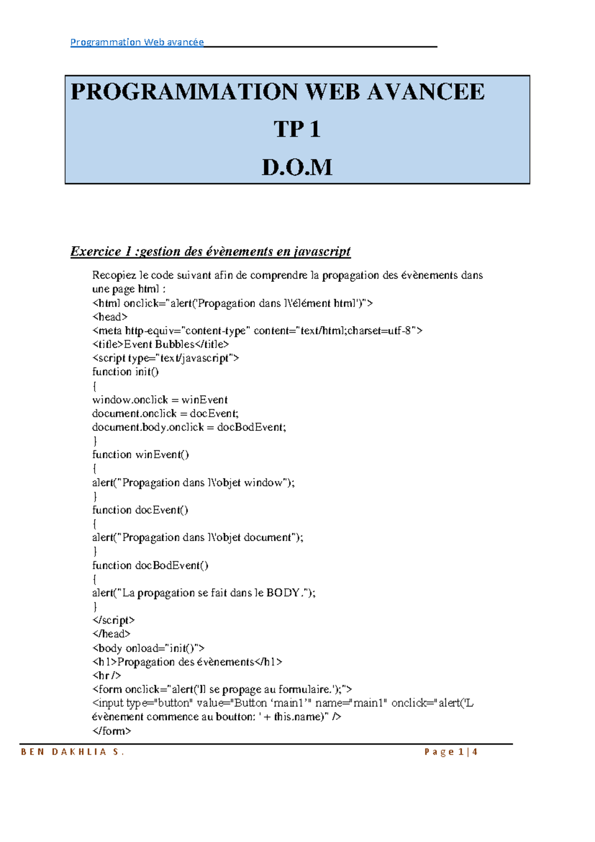 TP1-DOM - tp de - PROGRAMMATION WEB AVANCEE TP 1 D.O Exercice 1 :gestion des évènements en - Studocu