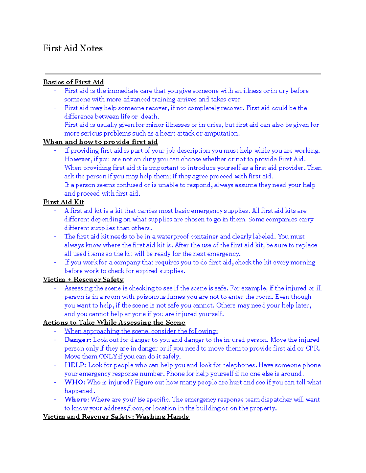 CPR and First Aid Notes - First Aid Notes Basics of First Aid - First ...