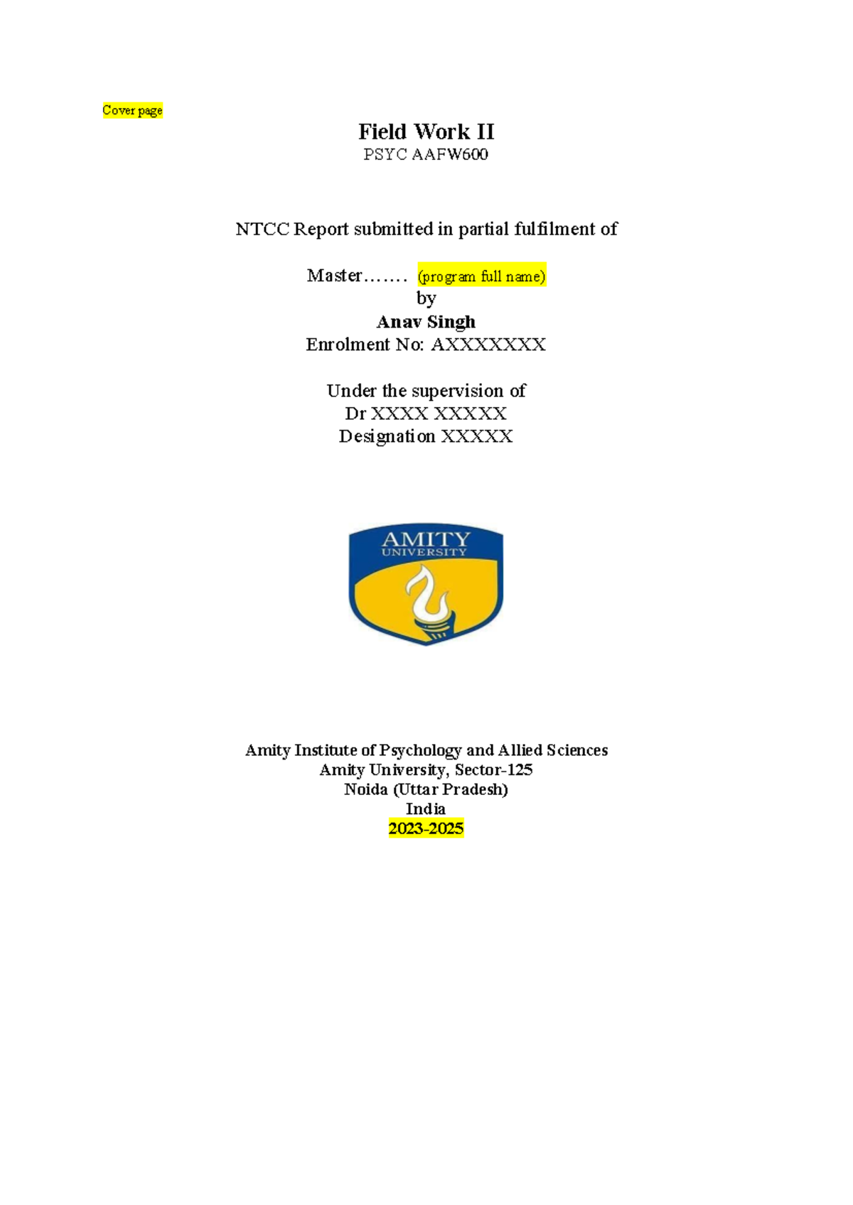 Cover-Initial Pages (IMA8, MA2) - Cover page Field Work II PSYC AAFW ...