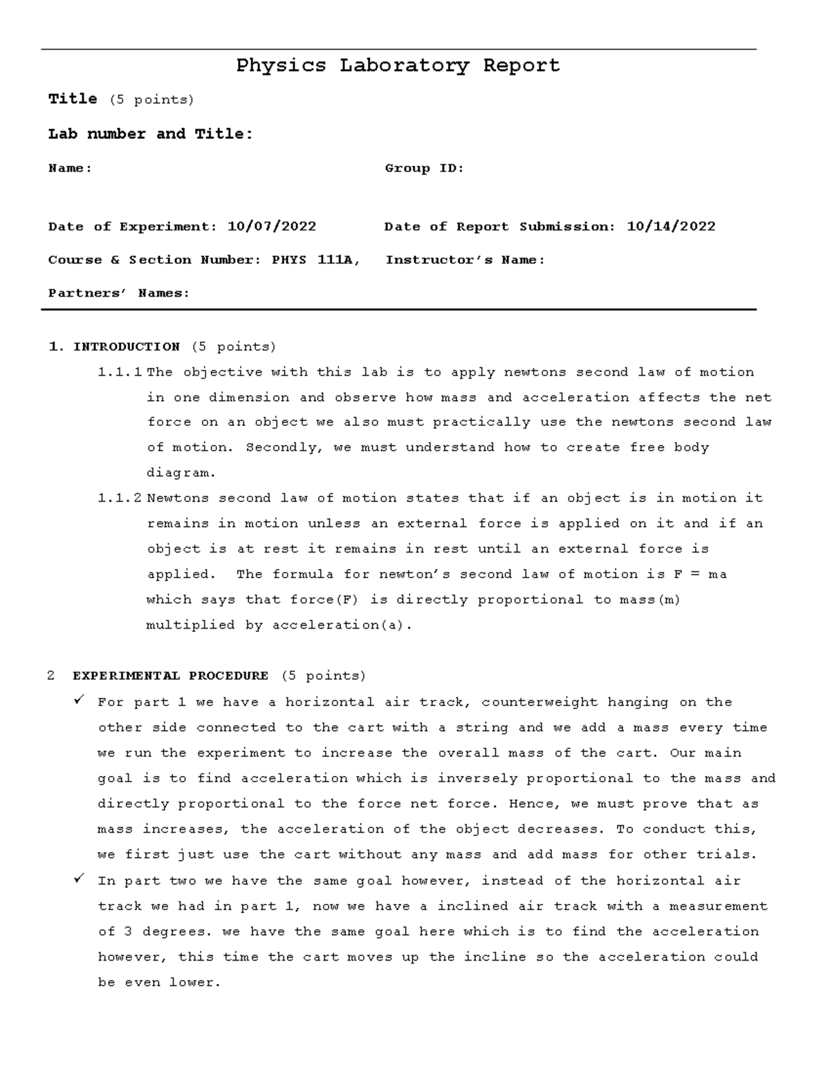 Lab 112 111A - Lab 112 111A Lab report - Physics Laboratory Report ...