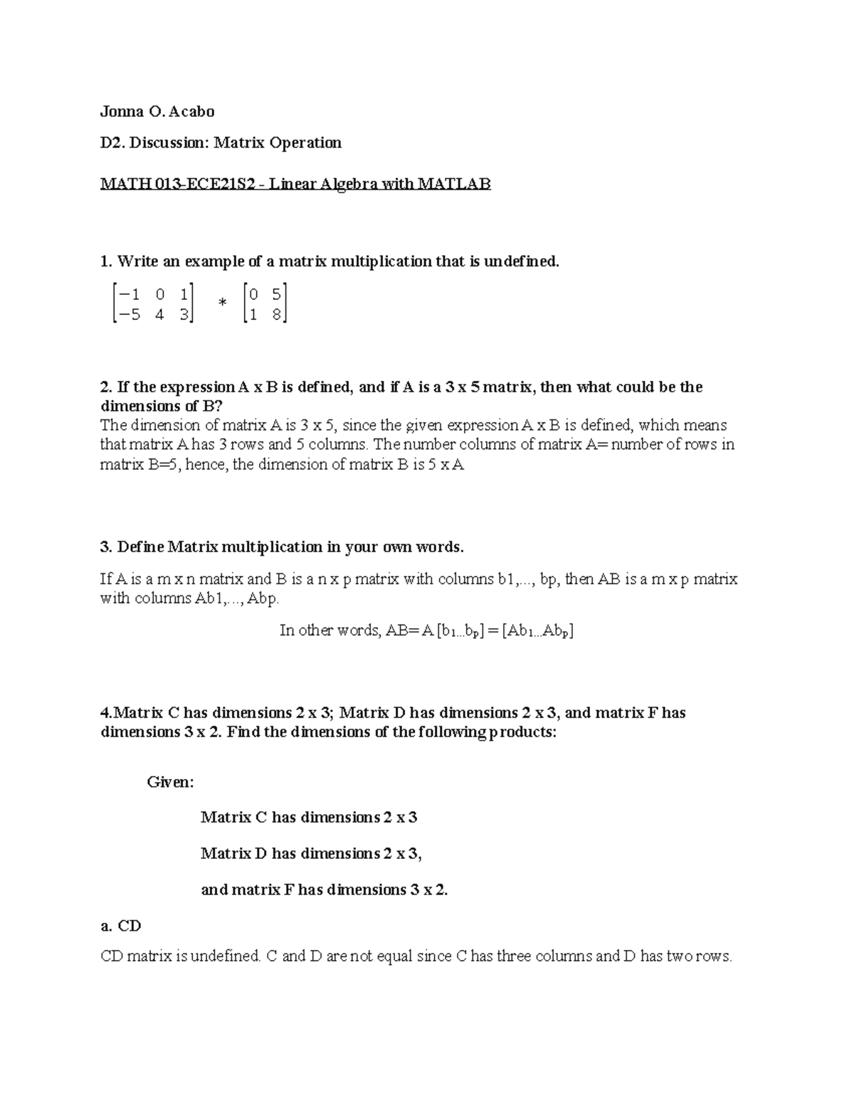 D2. Discussion Matrix Operation - Linear Algebra With Matlab - TIP - Studocu