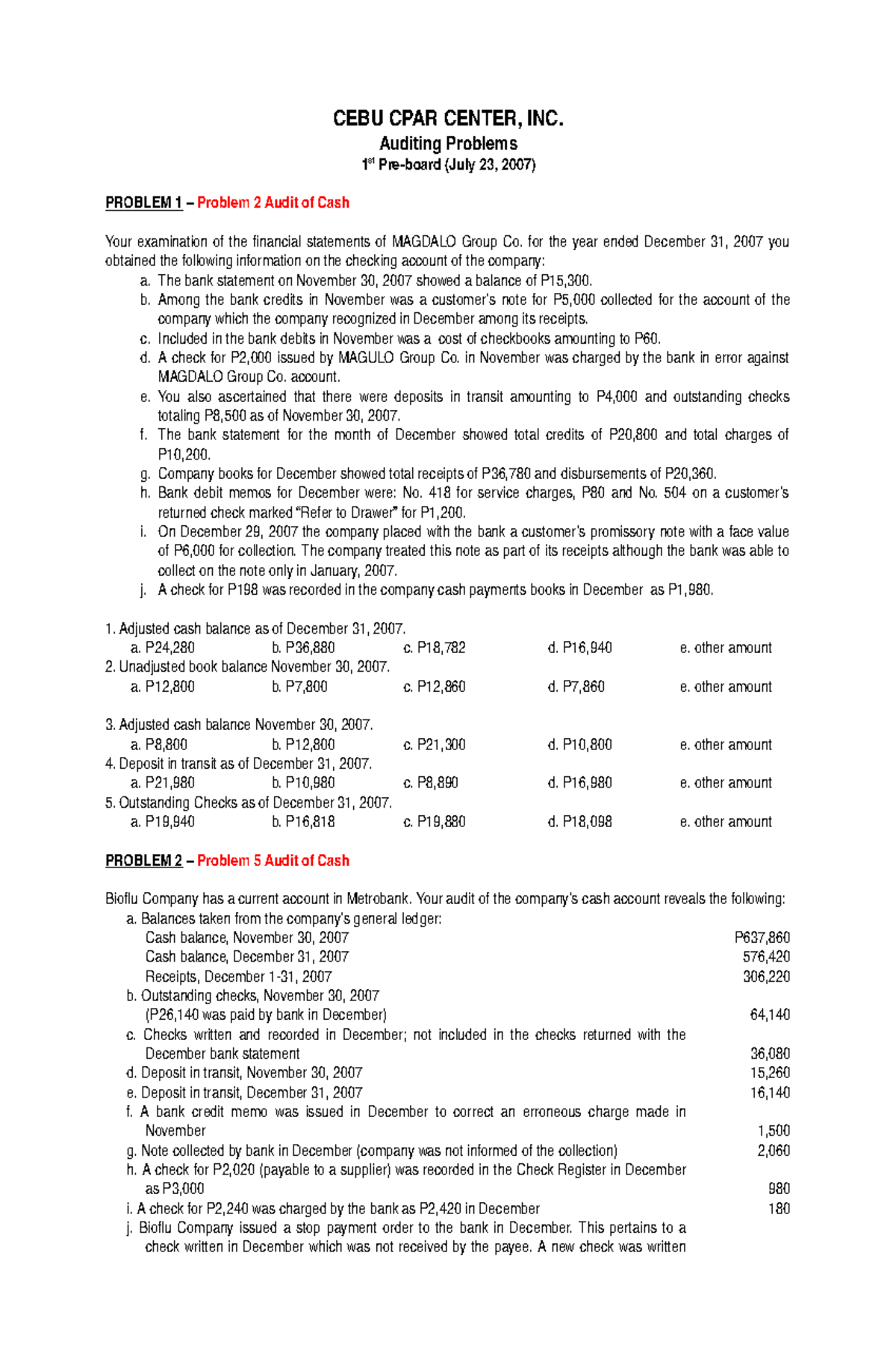 Exam 2020, questions and answers - CEBU CPAR CENTER, INC. Auditing ...
