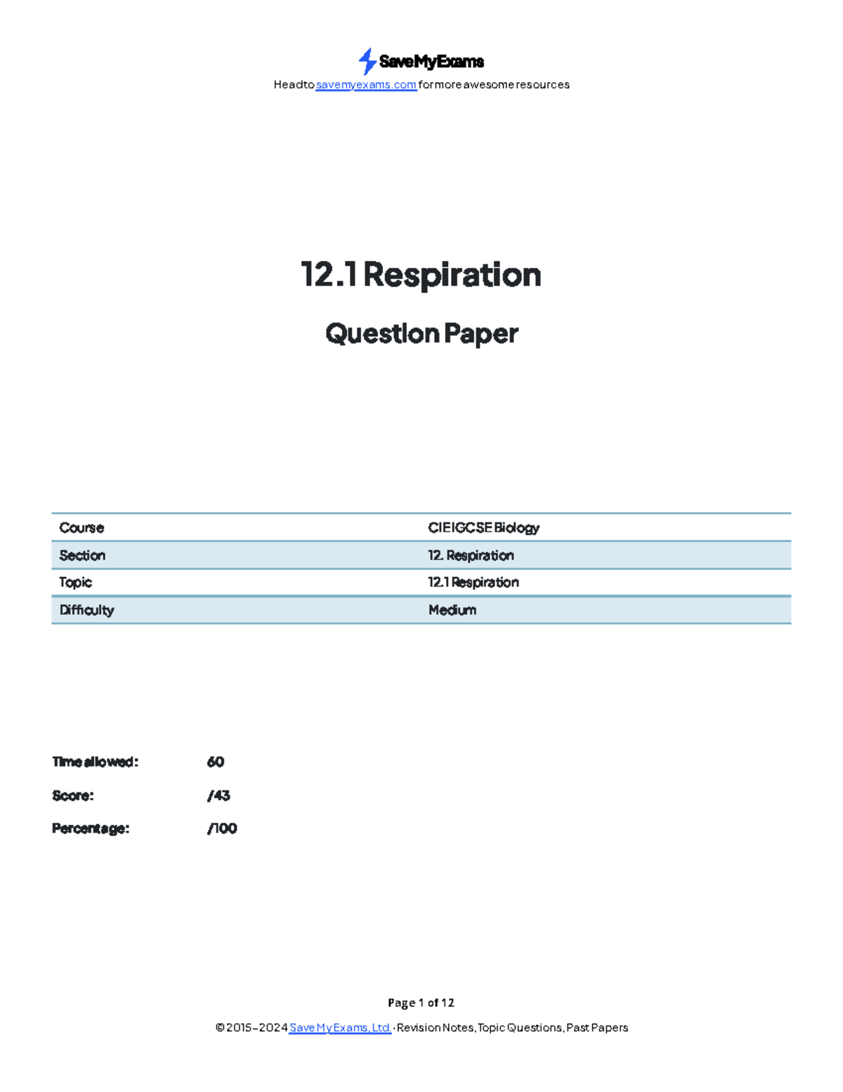 Respiration theory 2 - Page 1 of 12 12 Respiration Question Paper ...