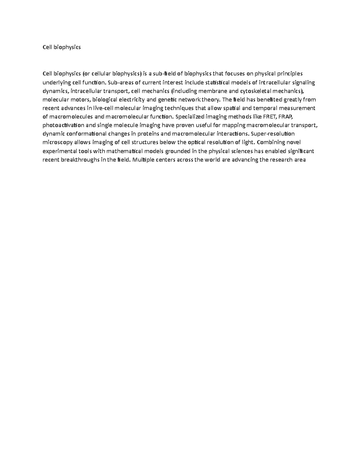 Studoc 10 - Cell biology - Cell biophysics Cell biophysics (or cellular ...