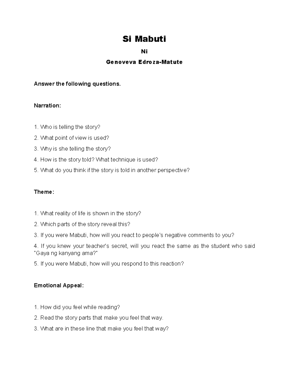 Asean - notes - Si Mabuti Ni Genoveva Edroza-Matute Answer the ...