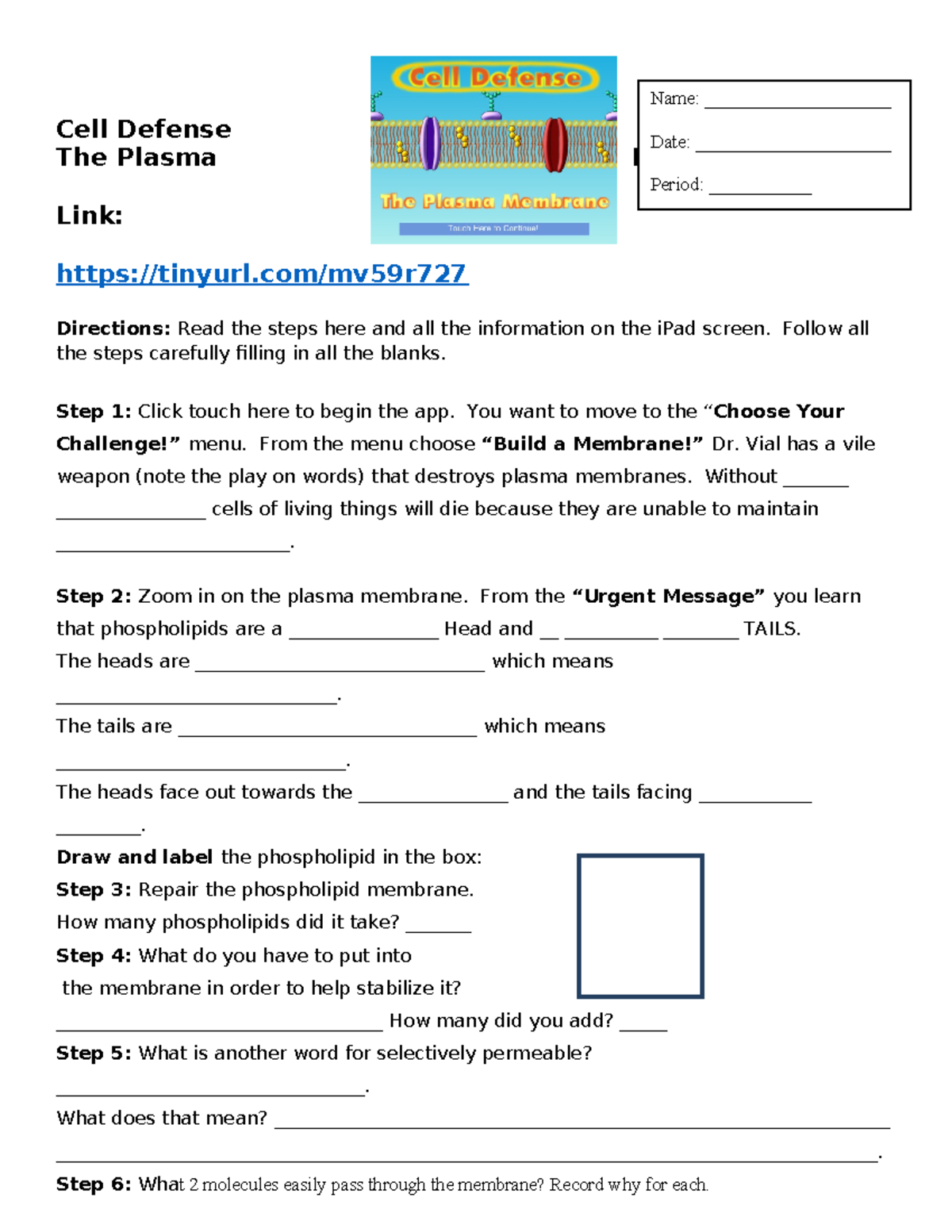 Cell defense worksheet 1 - Cell Defense The Plasma Membrane Link ...