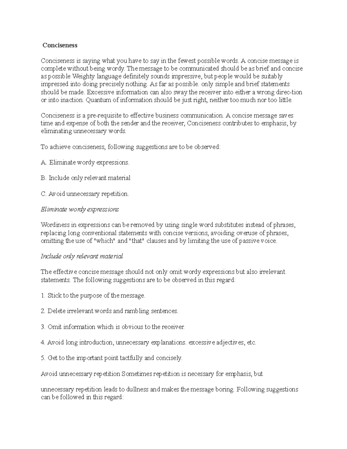 9 - Business Communication Detailed Notes - Conciseness Conciseness is ...