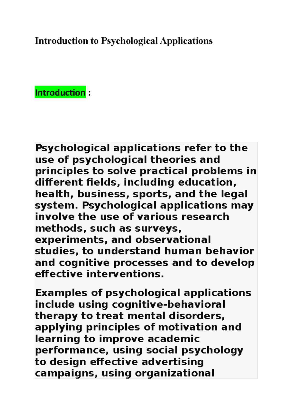 Introduction to Psychological Applications VOL 4 - Introduction to ...