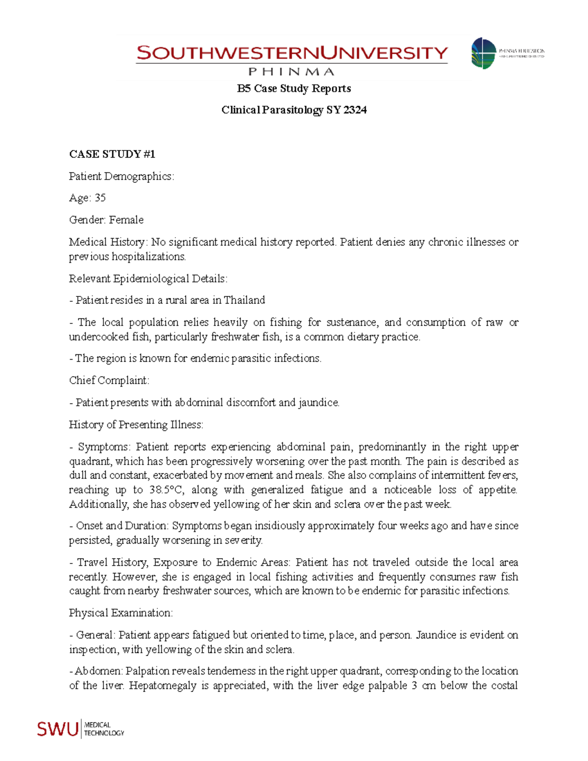 Case Reports - B5 Case Study Reports Clinical Parasitology SY 2324 CASE ...