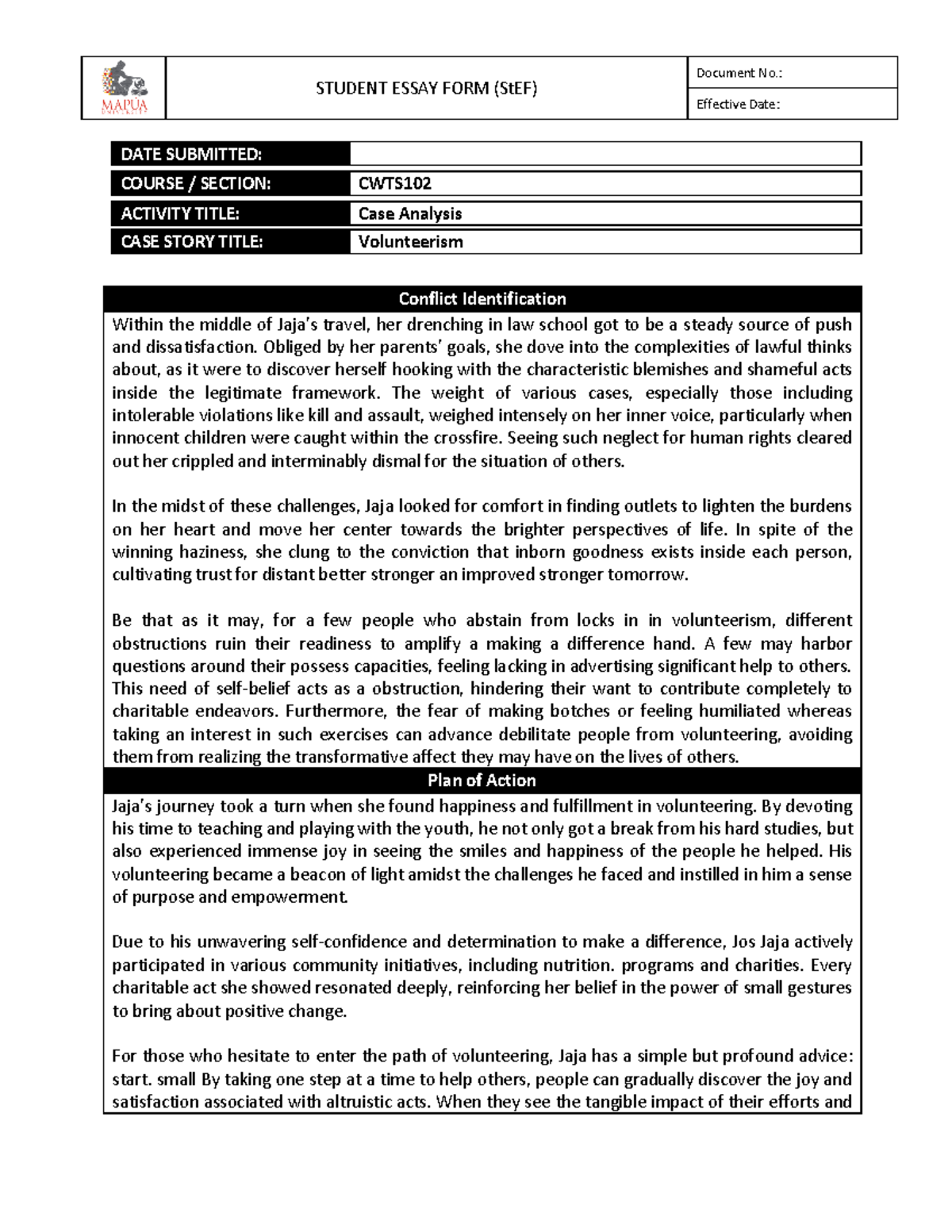 Term 2 Case analysis Essay Volunteerism - STUDENT ESSAY FORM (StEF ...