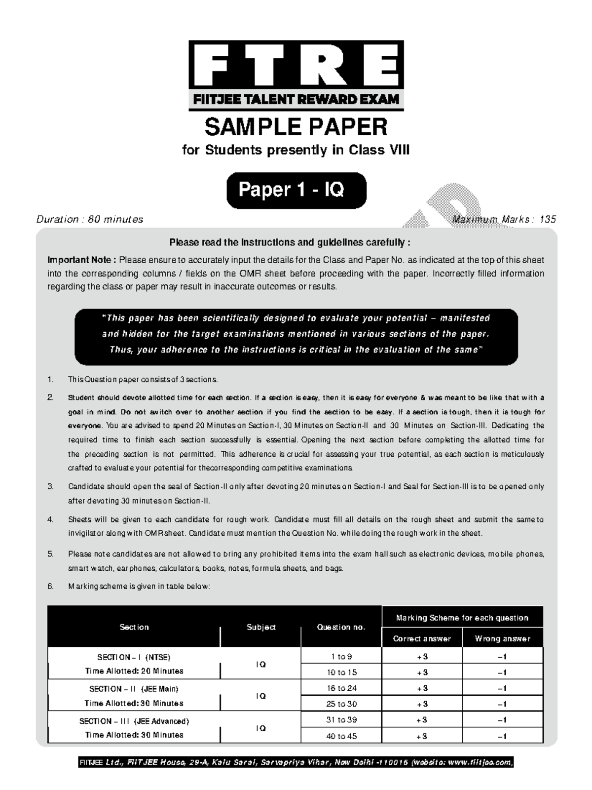 FTRE-2023- Sample Paper- Class-VIII-P1-I.Q - FIITJEE Ltd., FIITJEE ...