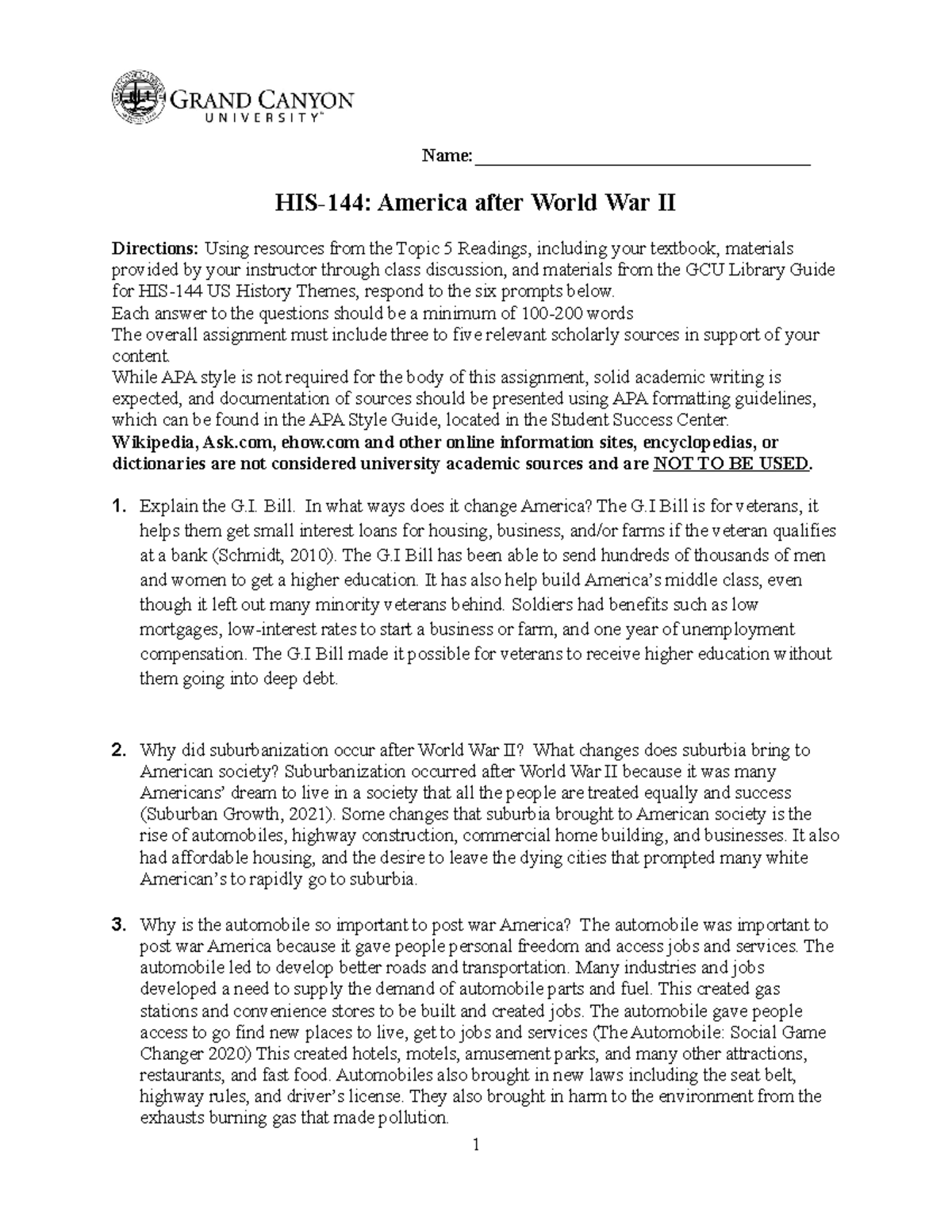 HIS-144: America after World War II - Name:____________________________________ HIS-144: America ...