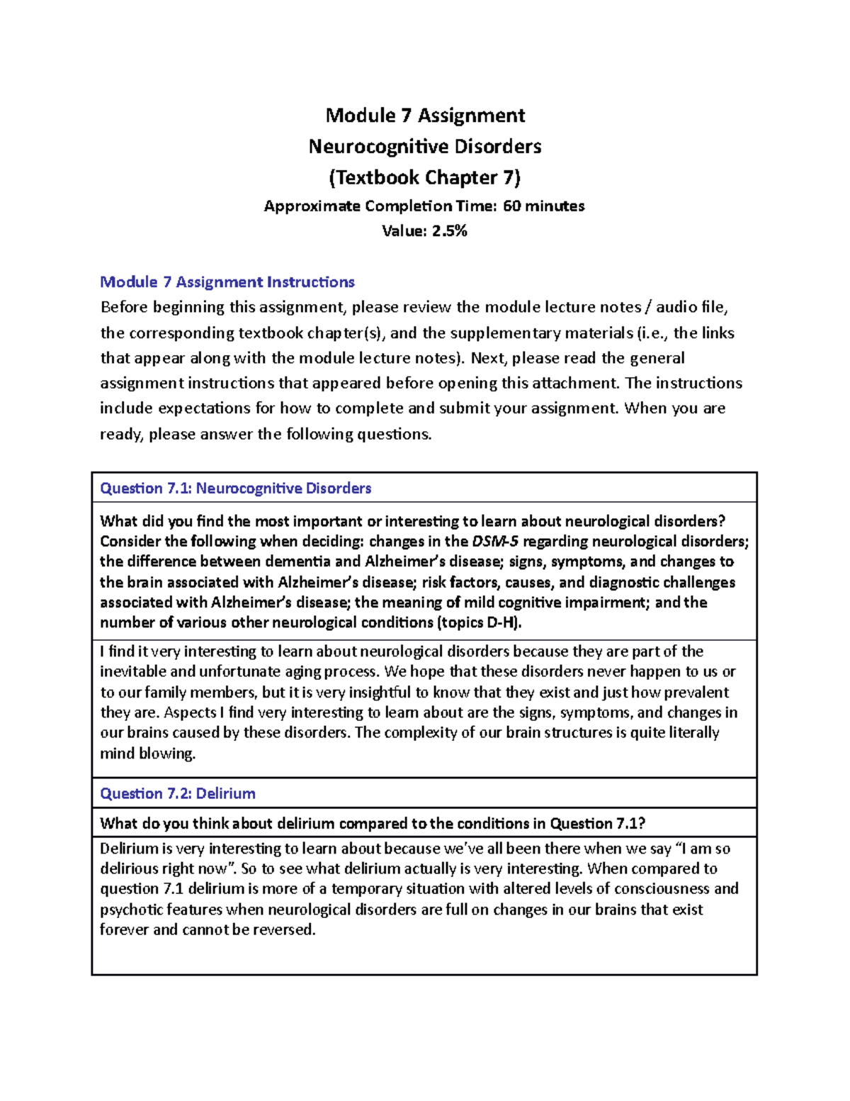 Module 7 Assignment - Module 7 Assignment Neurocognitive Disorders ...