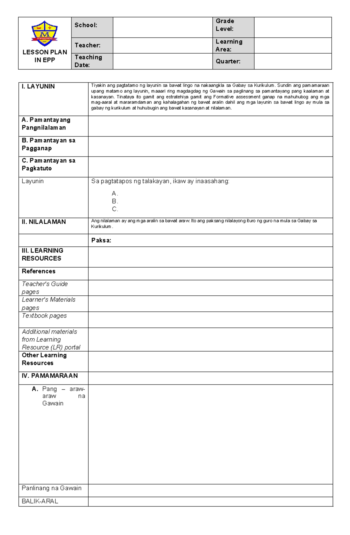 Lesson-PLAN- Template - LESSON PLAN IN EPP School: Grade Level: Teacher ...