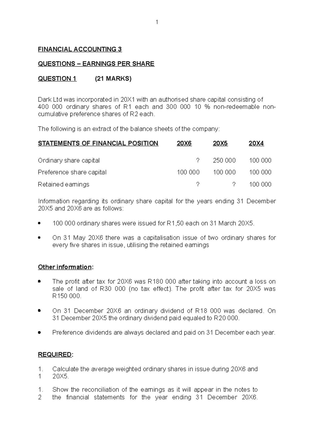 EPS Questions - FINANCIAL ACCOUNTING 3 QUESTIONS – EARNINGS PER SHARE ...