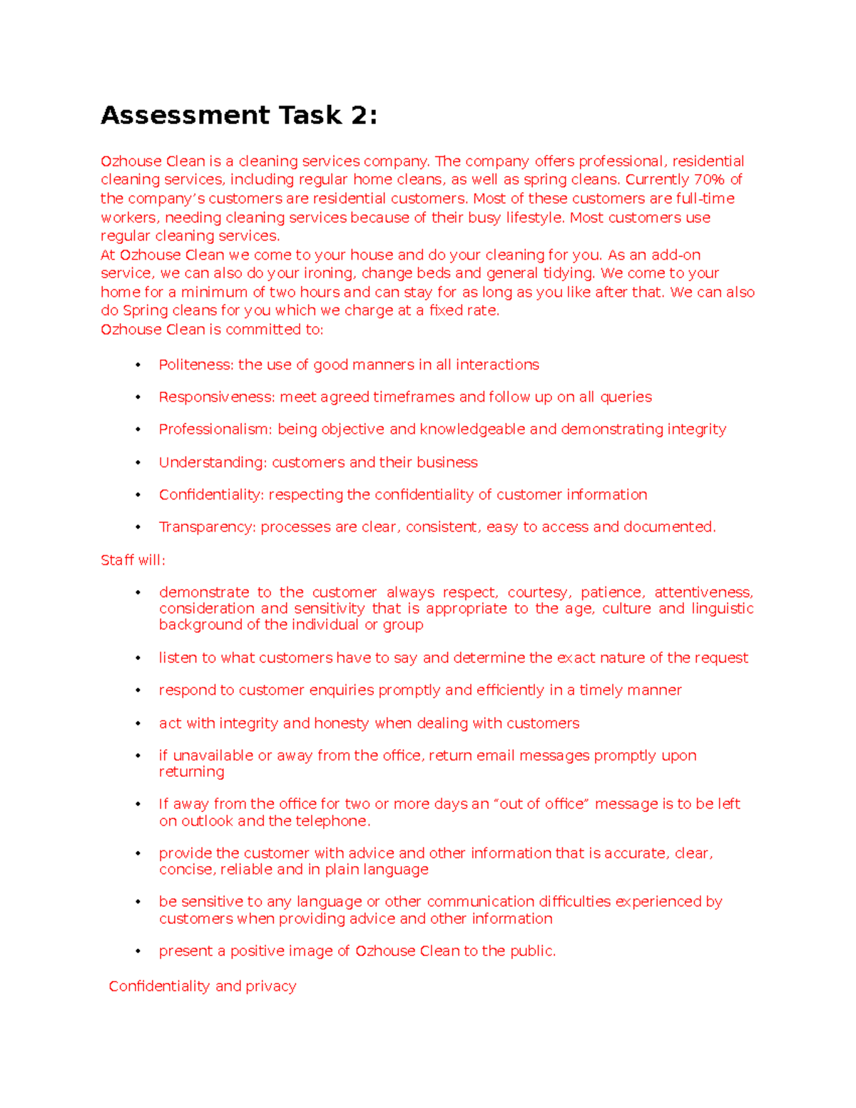 B061 Assessment Task 2 Complete - Assessment Task 2: Ozhouse Clean is a ...