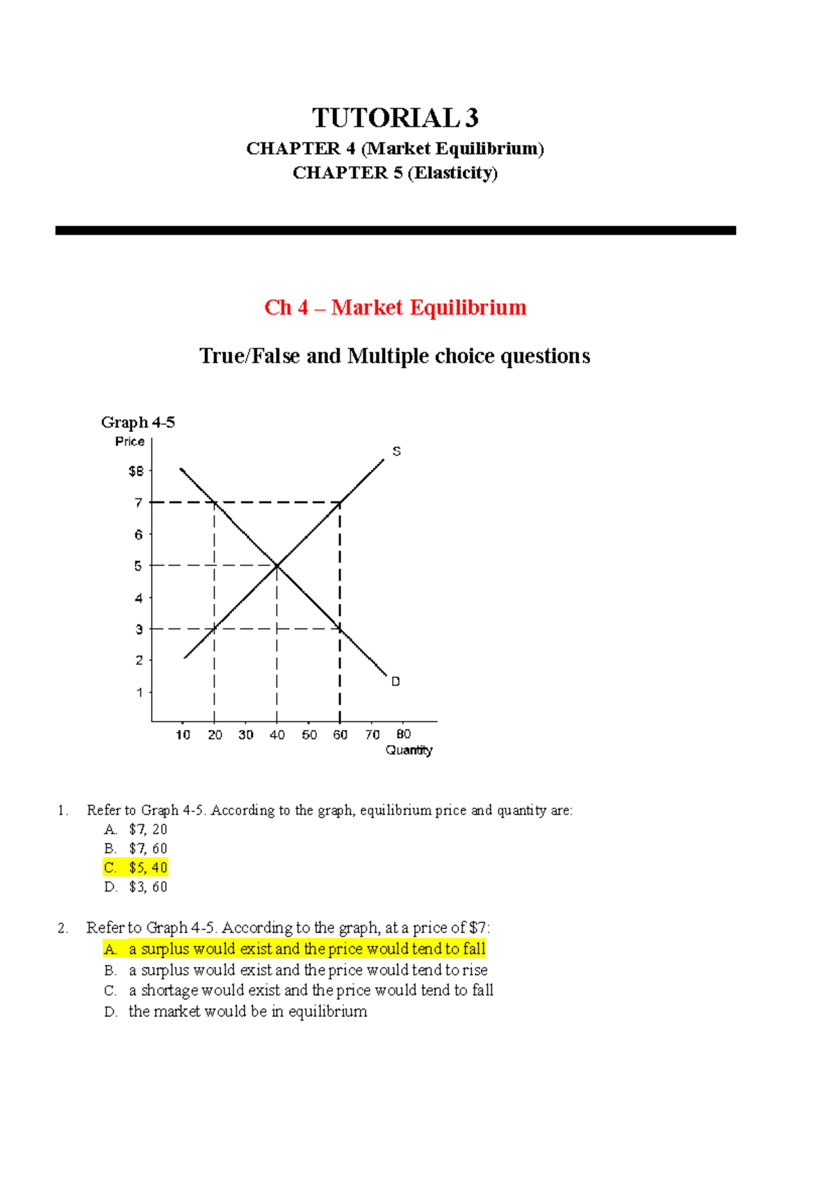 Tutorial 3 - TUTORIAL 3 CHAPTER 4 (Market Equilibrium) CHAPTER 5 (Elasticity) Ch 4 – Market ...