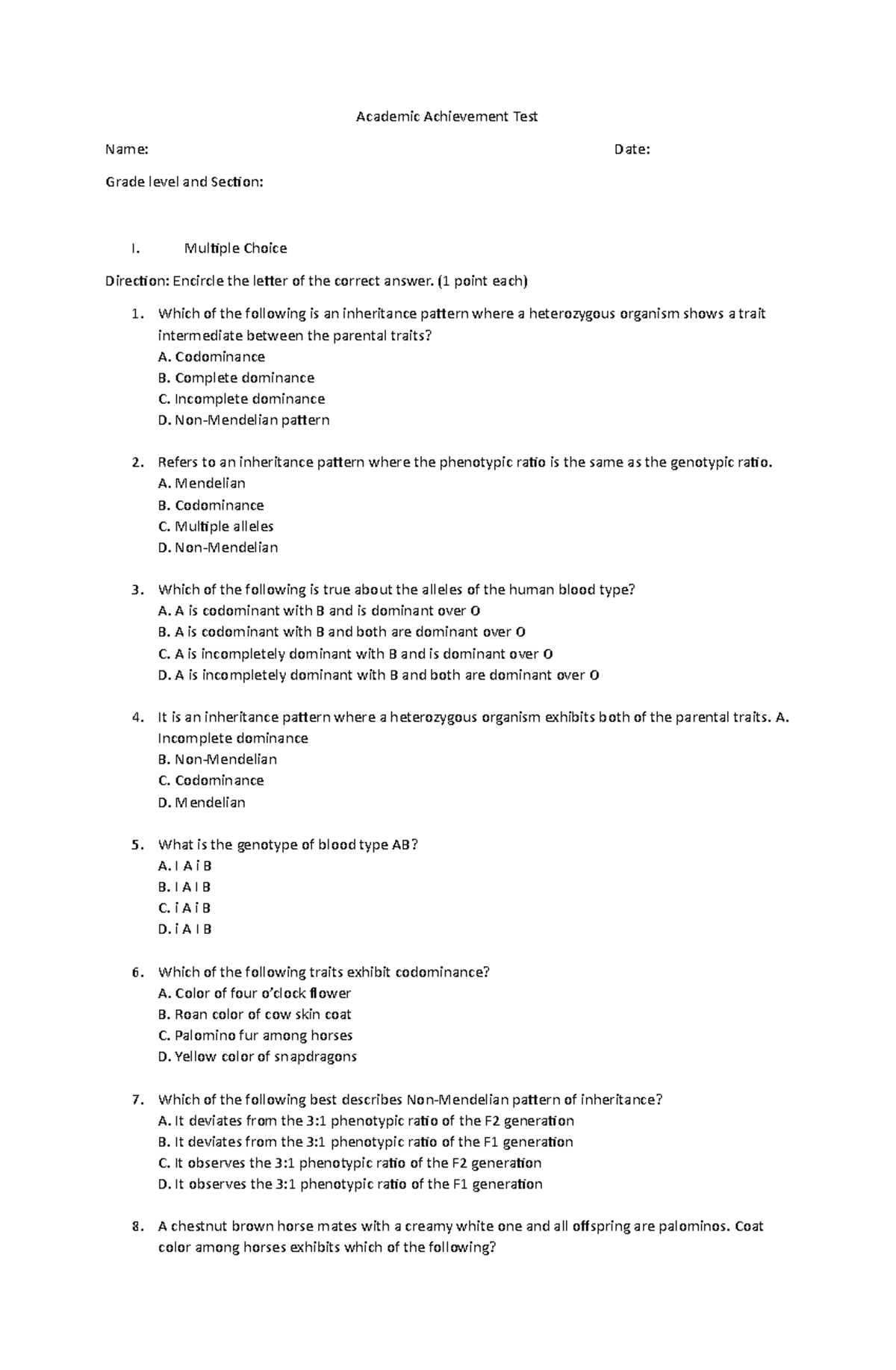 Academic-Achievement-Test - Academic Achievement Test Name: Date: Grade ...