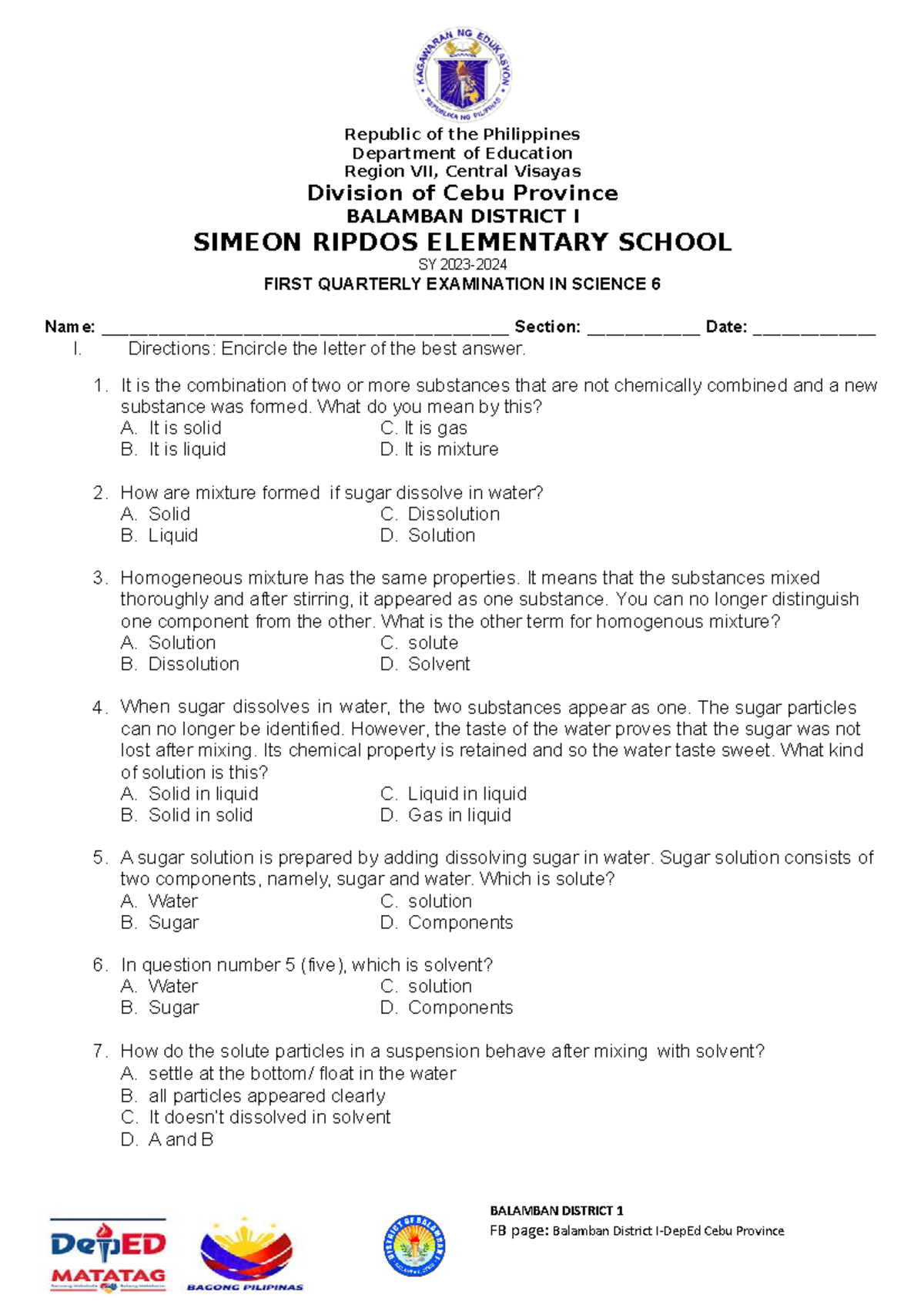 Science 6 Q1 Periodical TEST with TOS and Answer Key - Department of ...