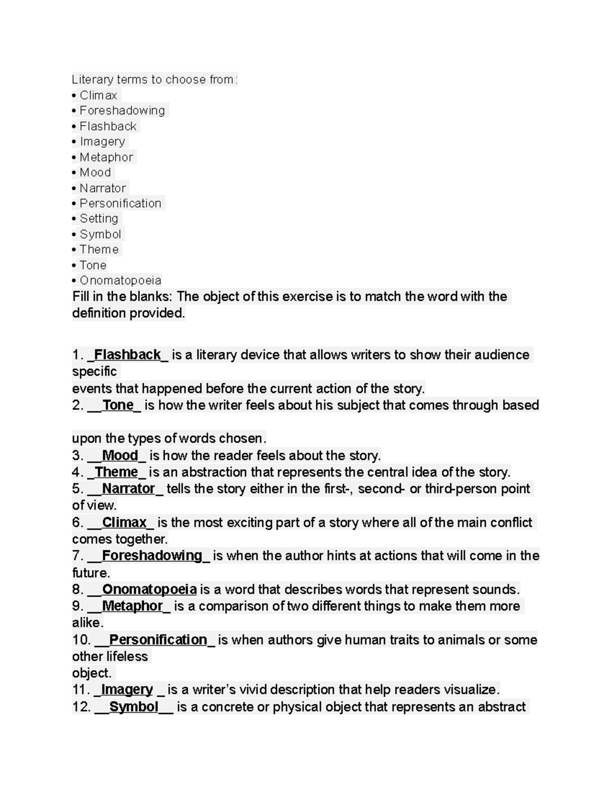English assiment 3 - Literary terms to choose from: Climax ...