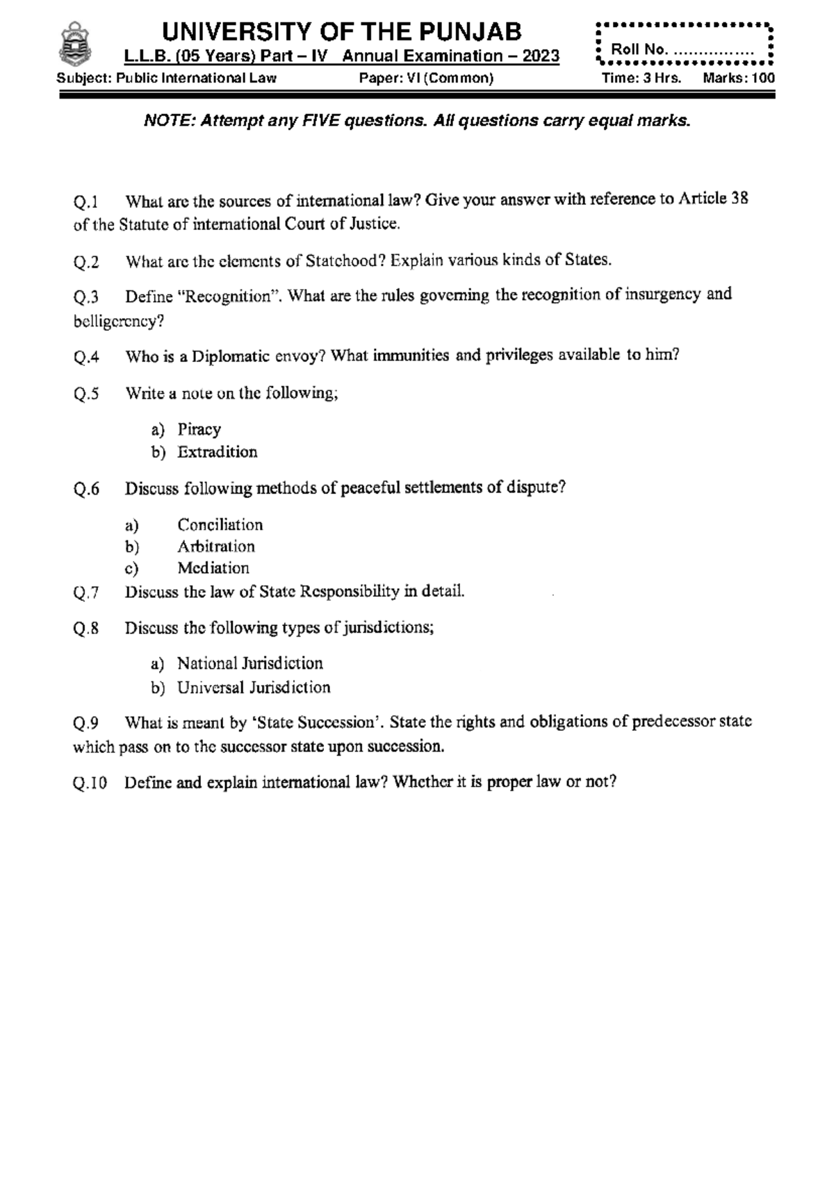 LLB PIV 5Year Paper 6 - Lala - ####### NOTE: Attempt any FIVE questions ...