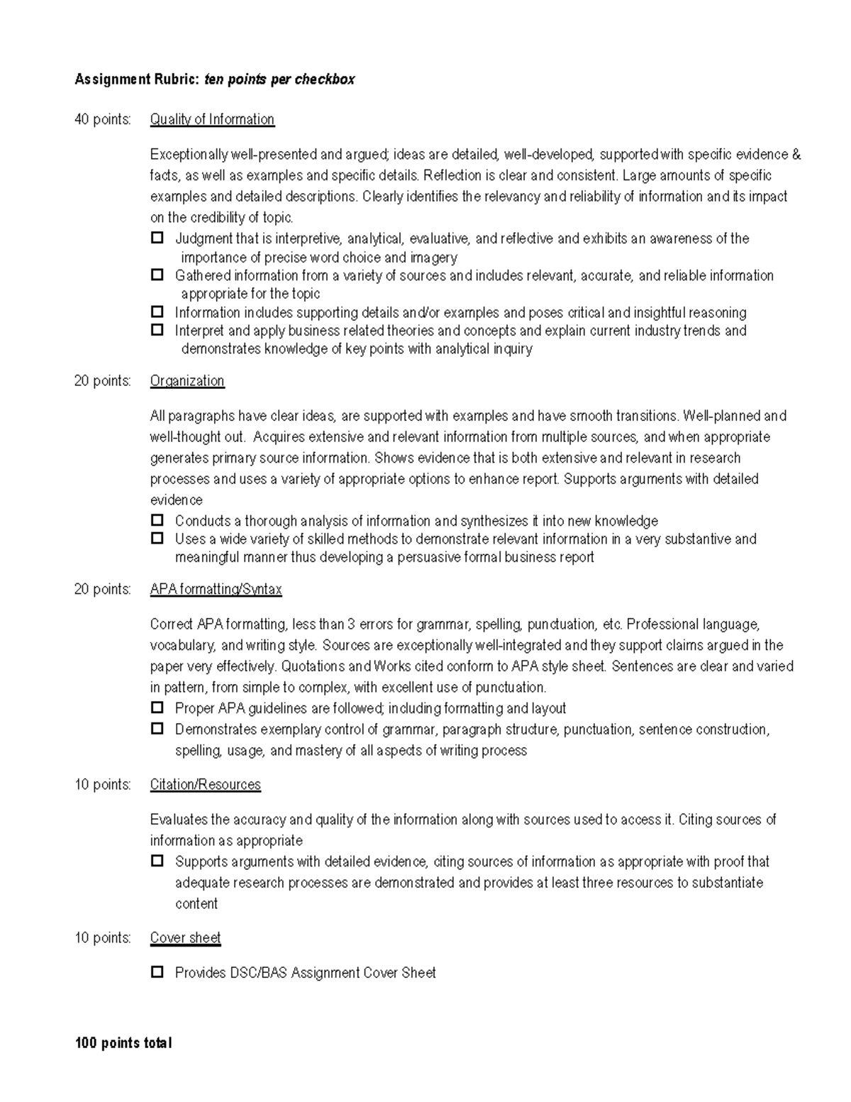 Assignment Rubric 100 - Work - Assignment Rubric: ten points per ...