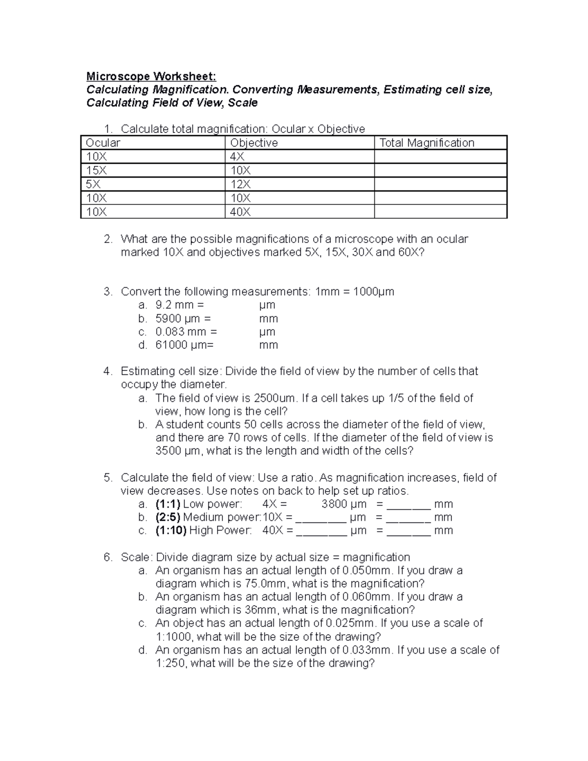 FOV Worksheet - FOV - Microscope Worksheet: Calculating Magnification ...