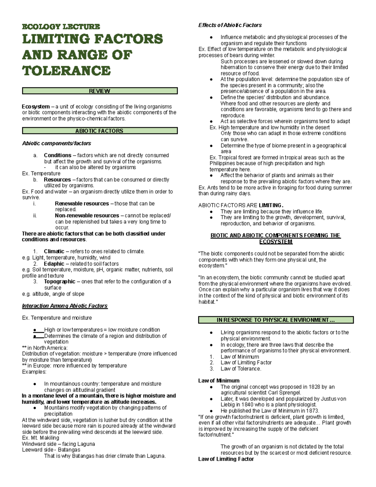 LEC 7 Limiting Factors AND Range OF Tolerance - ECOLOGY LECTURE ...